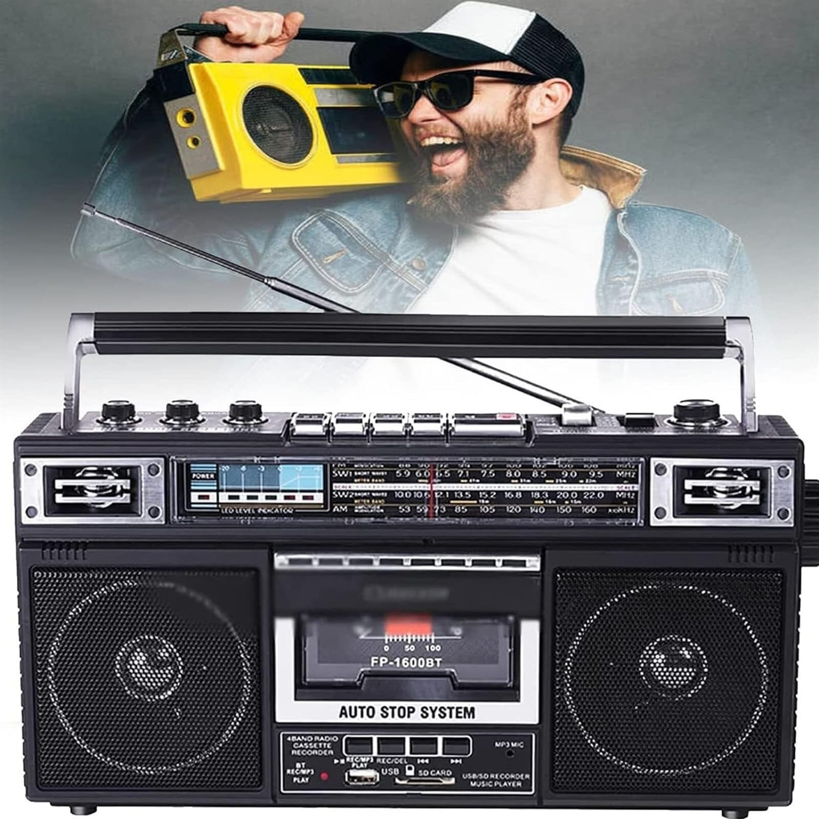Retro Bluetooth Boombox, Built-In Stereo Speaker with Cassette Player ...