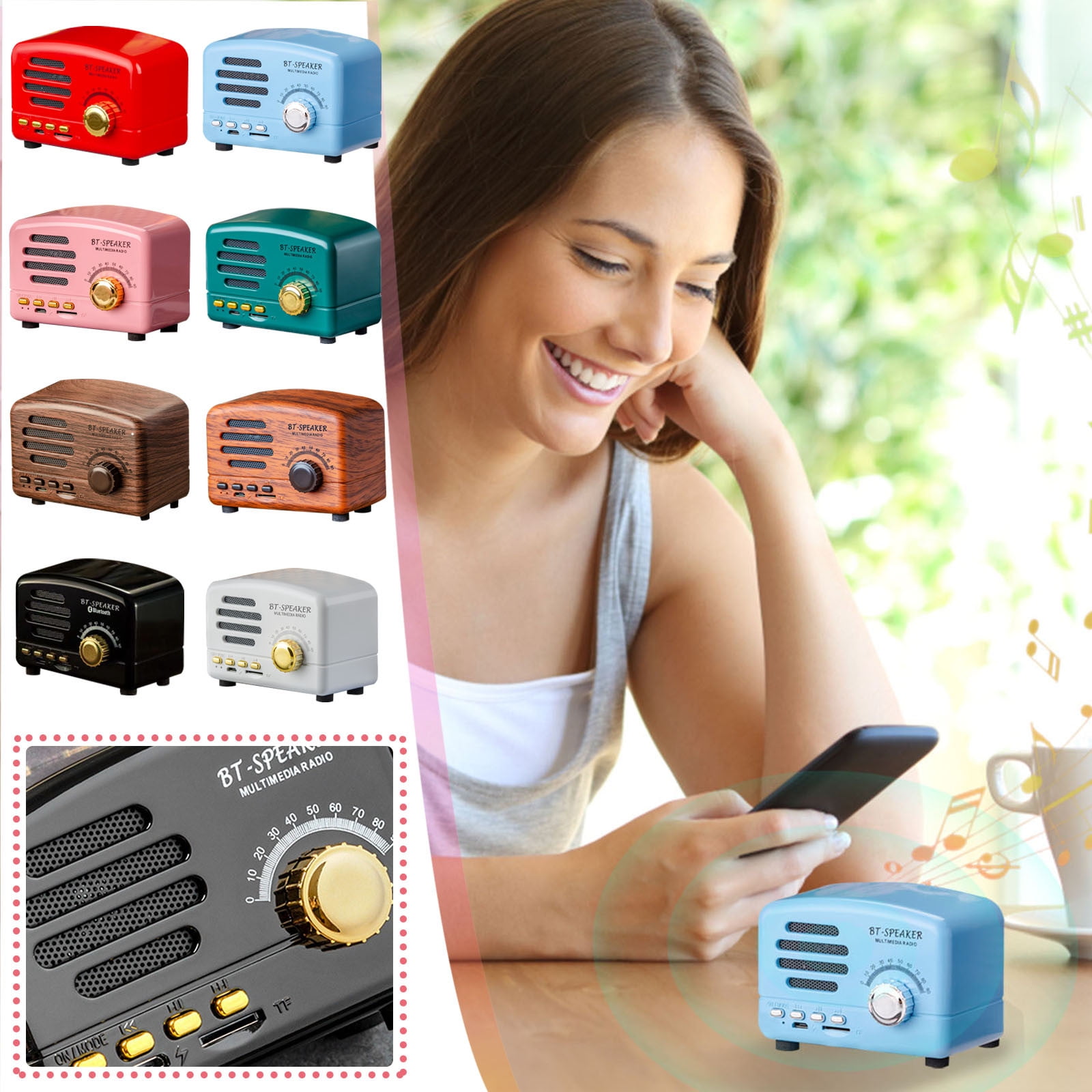 Retro Bluetooth Stereo Speakers, Portable Wireless Vintage Design, 10W Powerful Sound, FM Radio ...