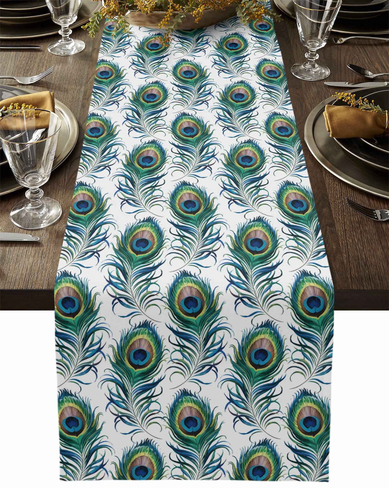 Retro Bohemian Peacock Feathers Table Runners 13x36 Inches Long Linen ...