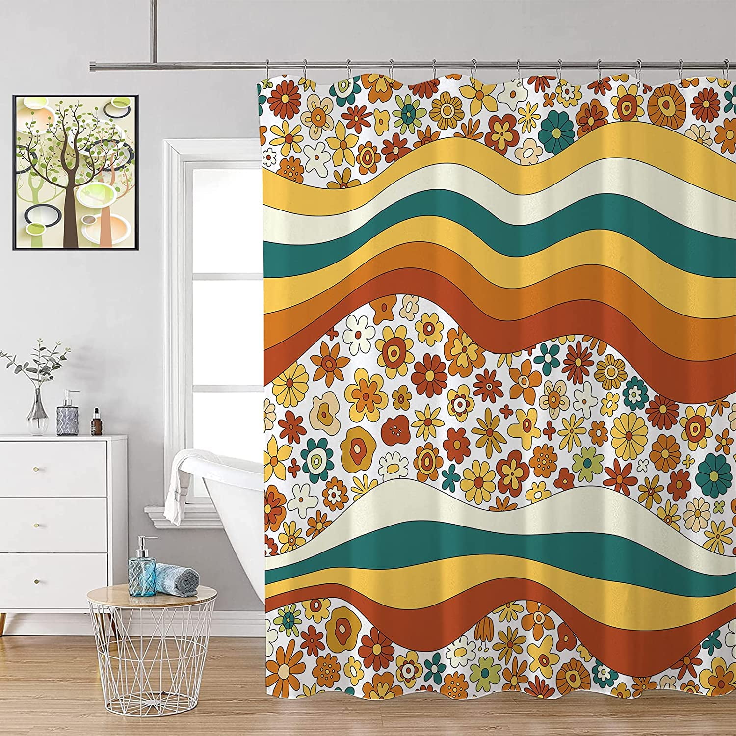 Retro Boho Floral Shower Curtain 70s Cute Rainbow Flowers Shower