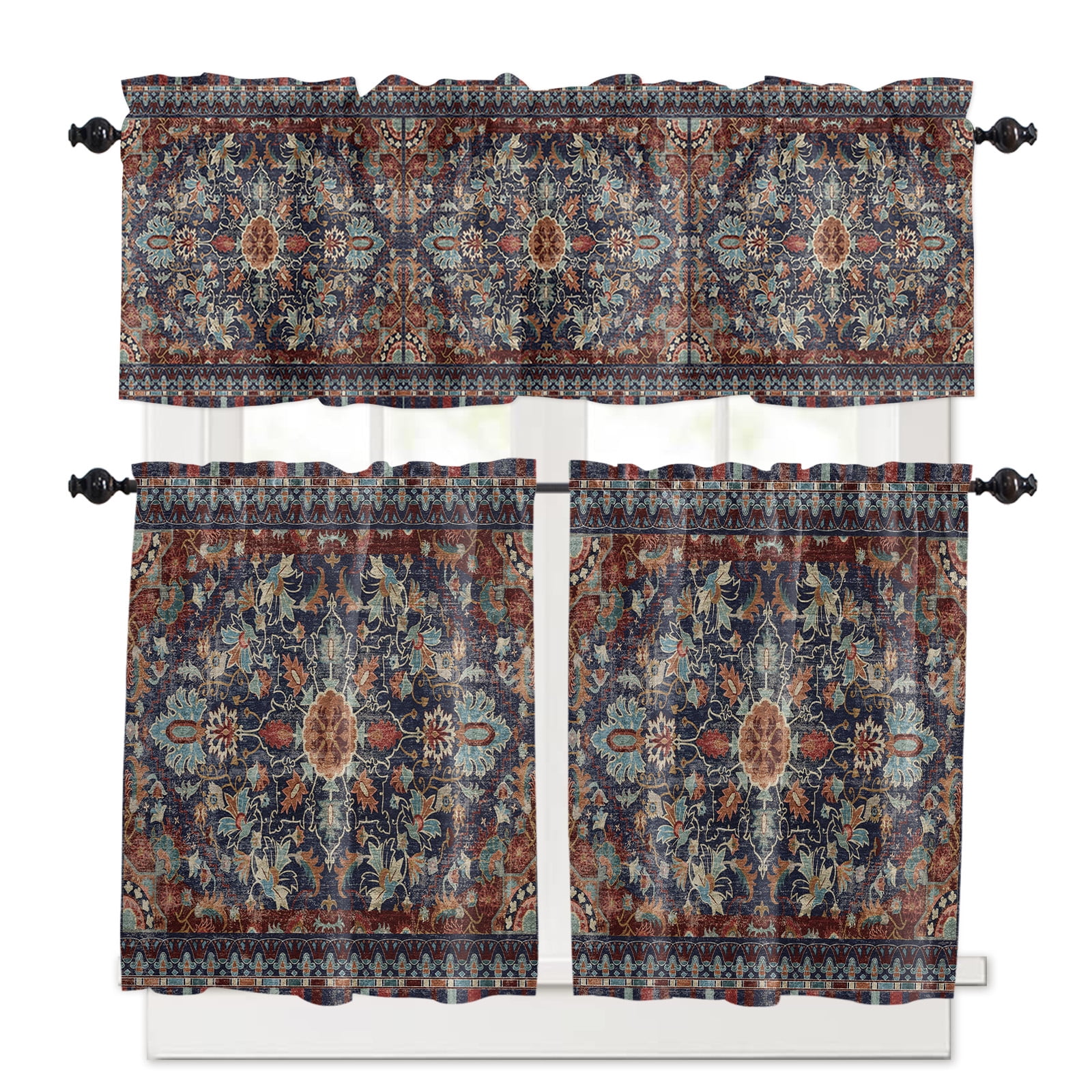Retro Boho Kitchen Curtains and Valances Set, 3 Piece Kitchen Curtains ...