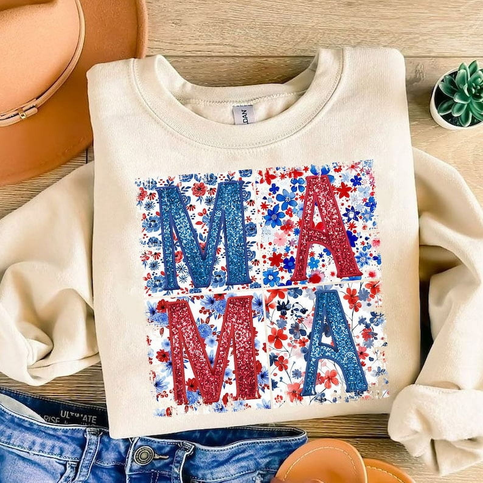 Retro Boho Mama Faux Sequins 4th of July Fourth of July Floral Mama ...