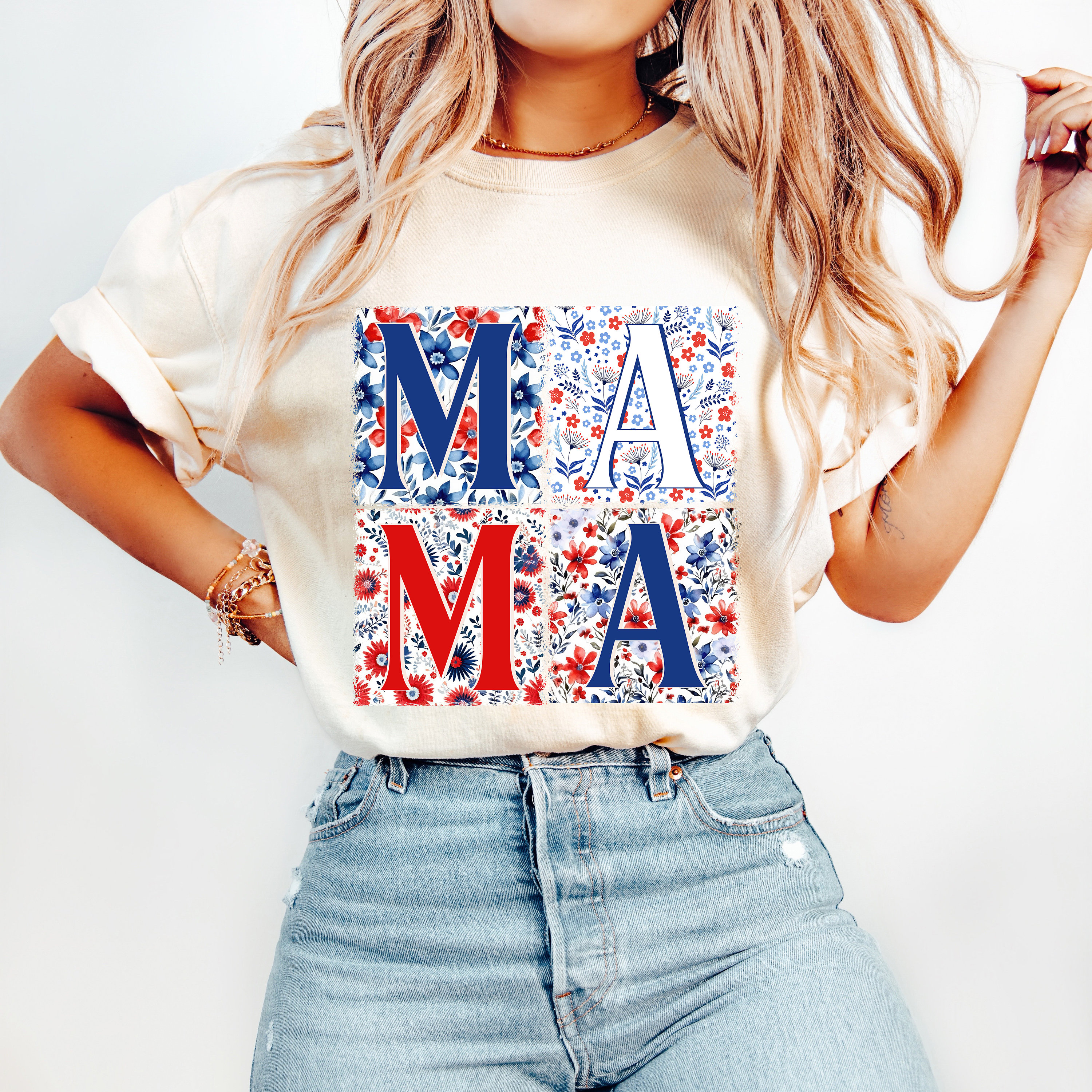 Retro Boho Mama Tee – 4th of July Floral USA Freedom Shirt - Walmart.com