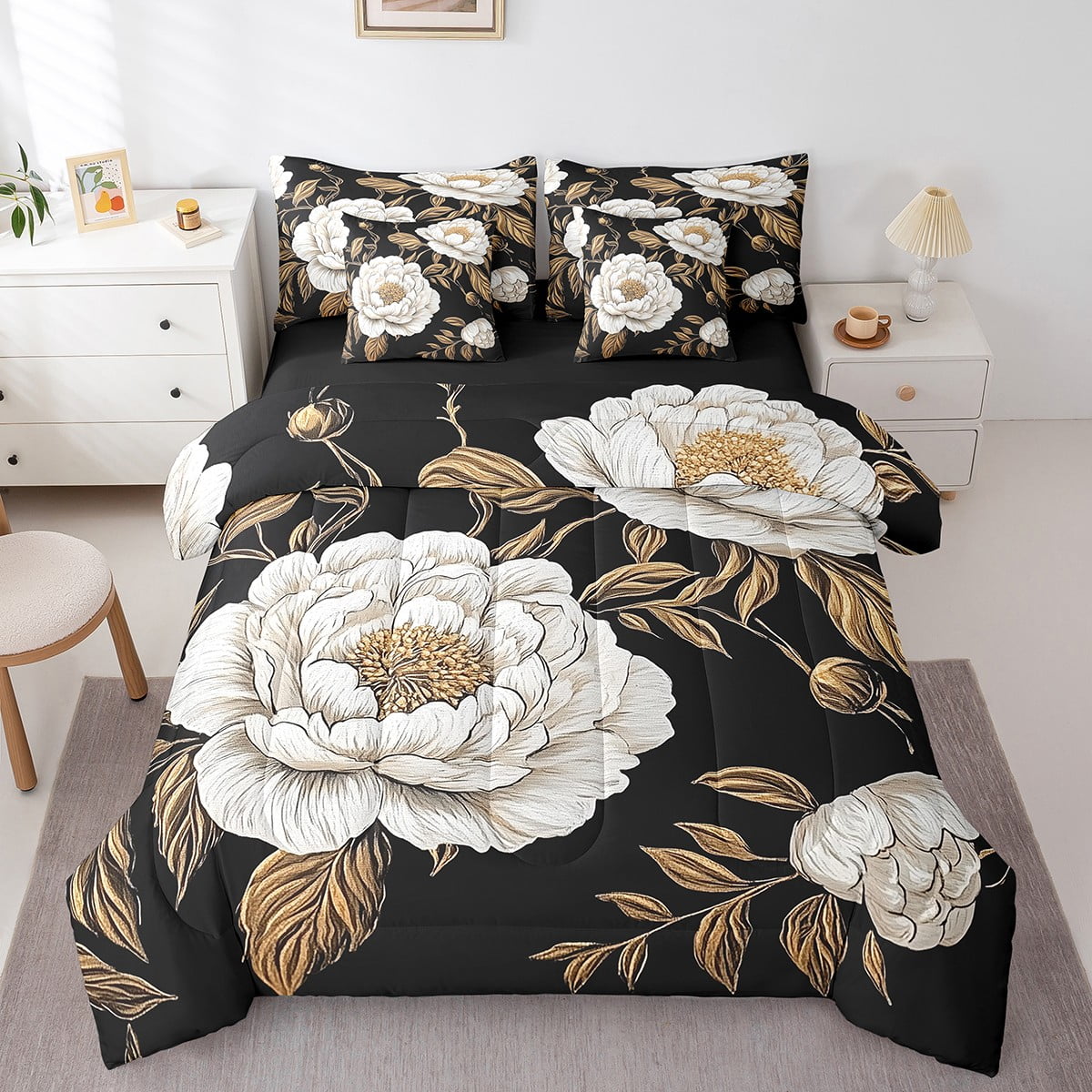 Retro Boho Peony Full Comforter Set with Sheets - 7 Pieces Valentine ...