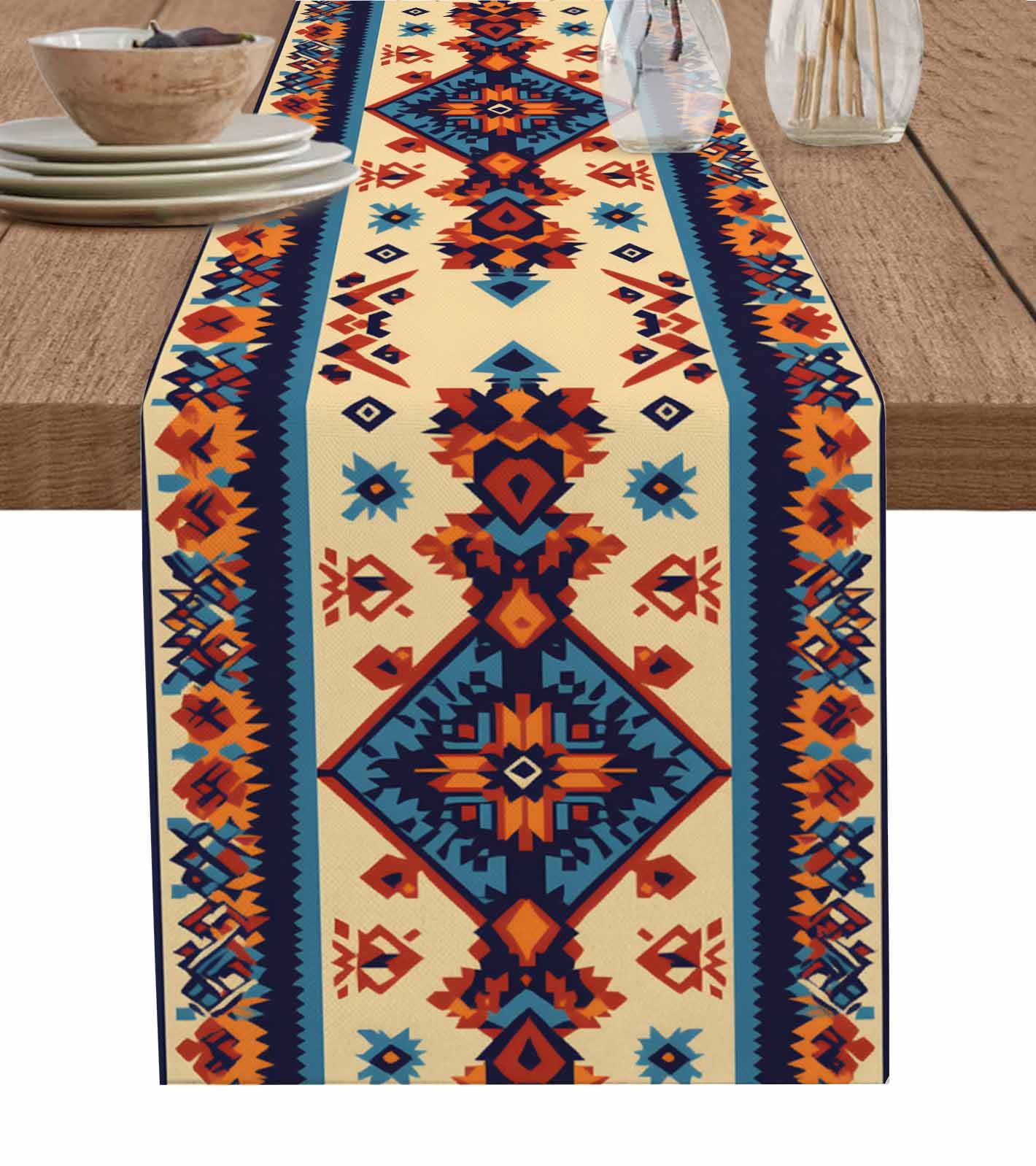 Retro Boho Table Runner 72 Inches, Rustic Abstract Geometric Farmhouse ...
