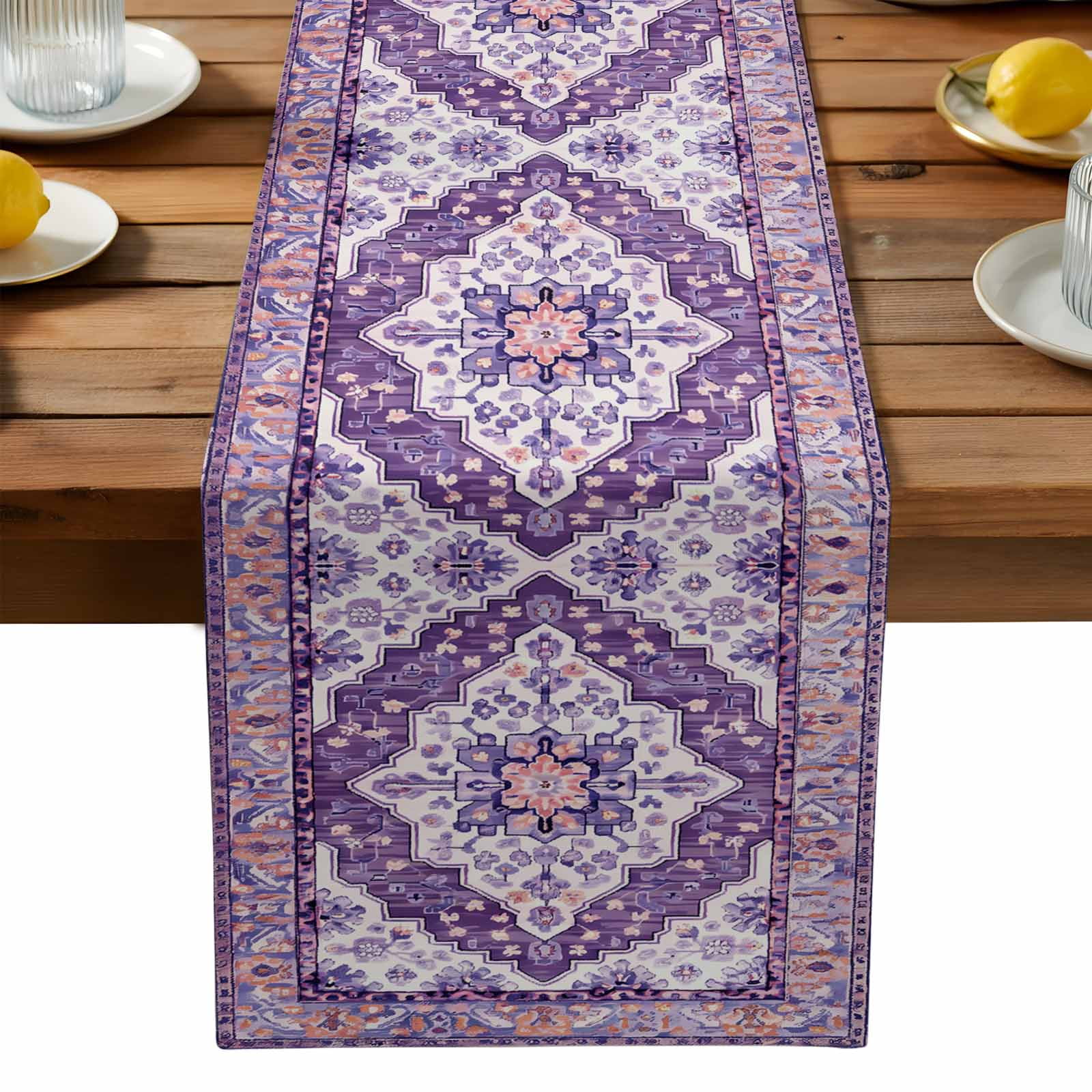 Retro Boho Table Runner, Aztec Southwest Tribal Floral Cotton Linen ...