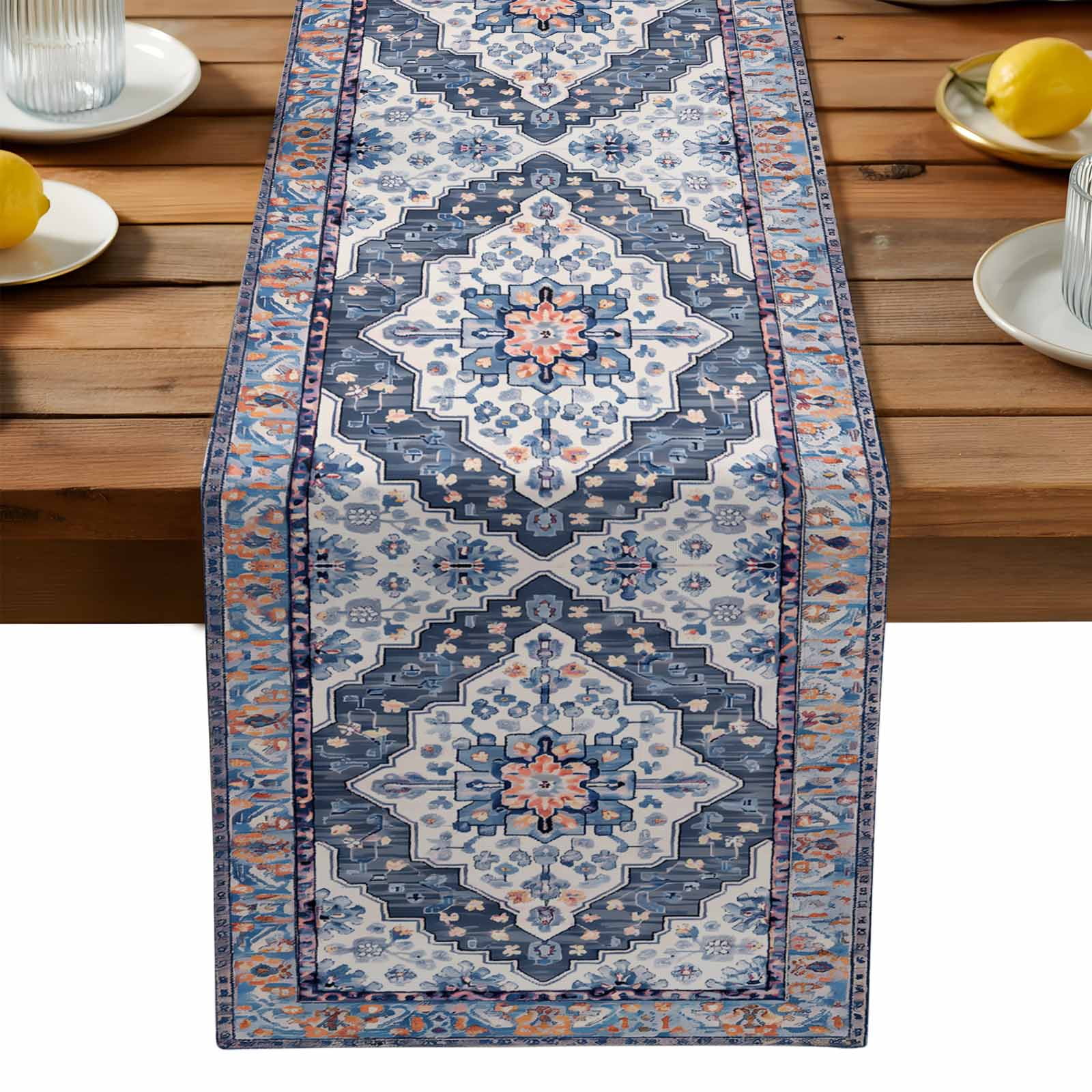 Retro Boho Table Runner, Aztec Southwest Tribal Floral Pattern Cotton ...