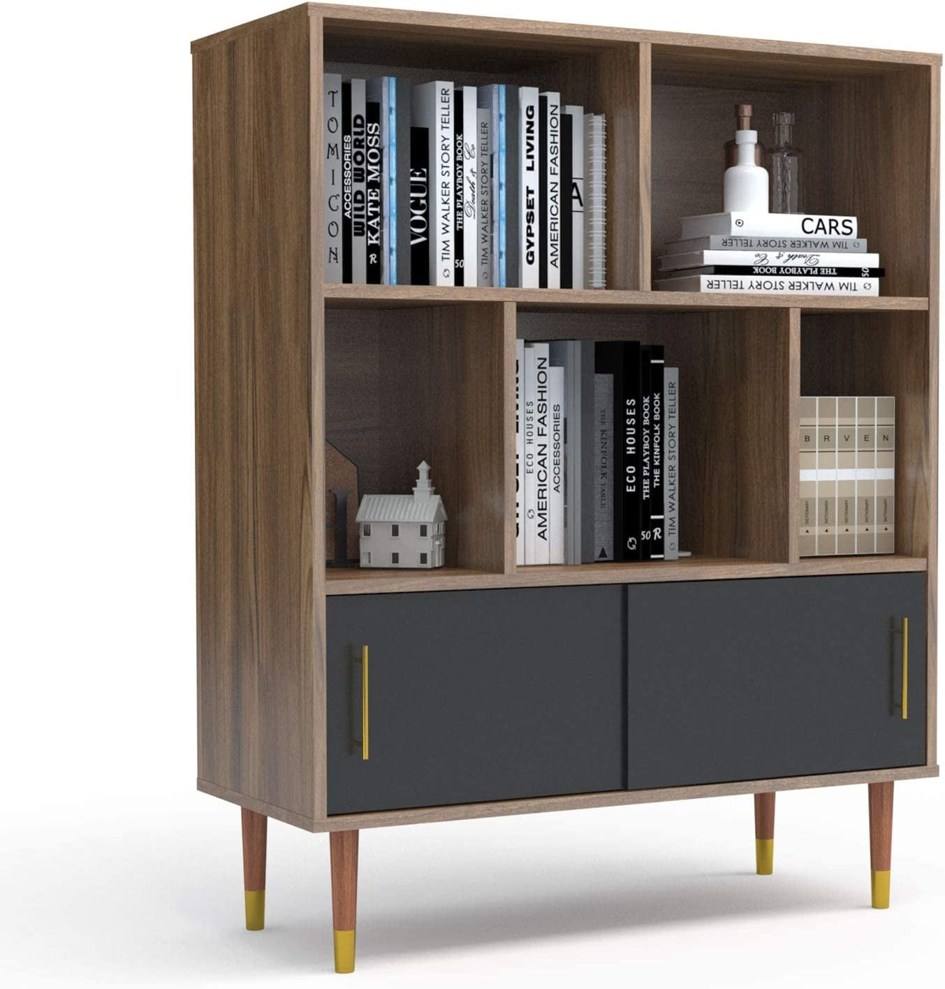 Retro Bookcase, 3-Tier Bookshelf Storage Shelves w/Sliding Door Cabinet ...
