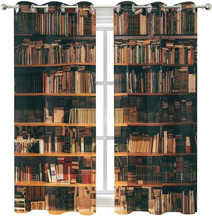 Retro Bookshelf Blackout Curtains For Bedroom/Living Room, Study ...