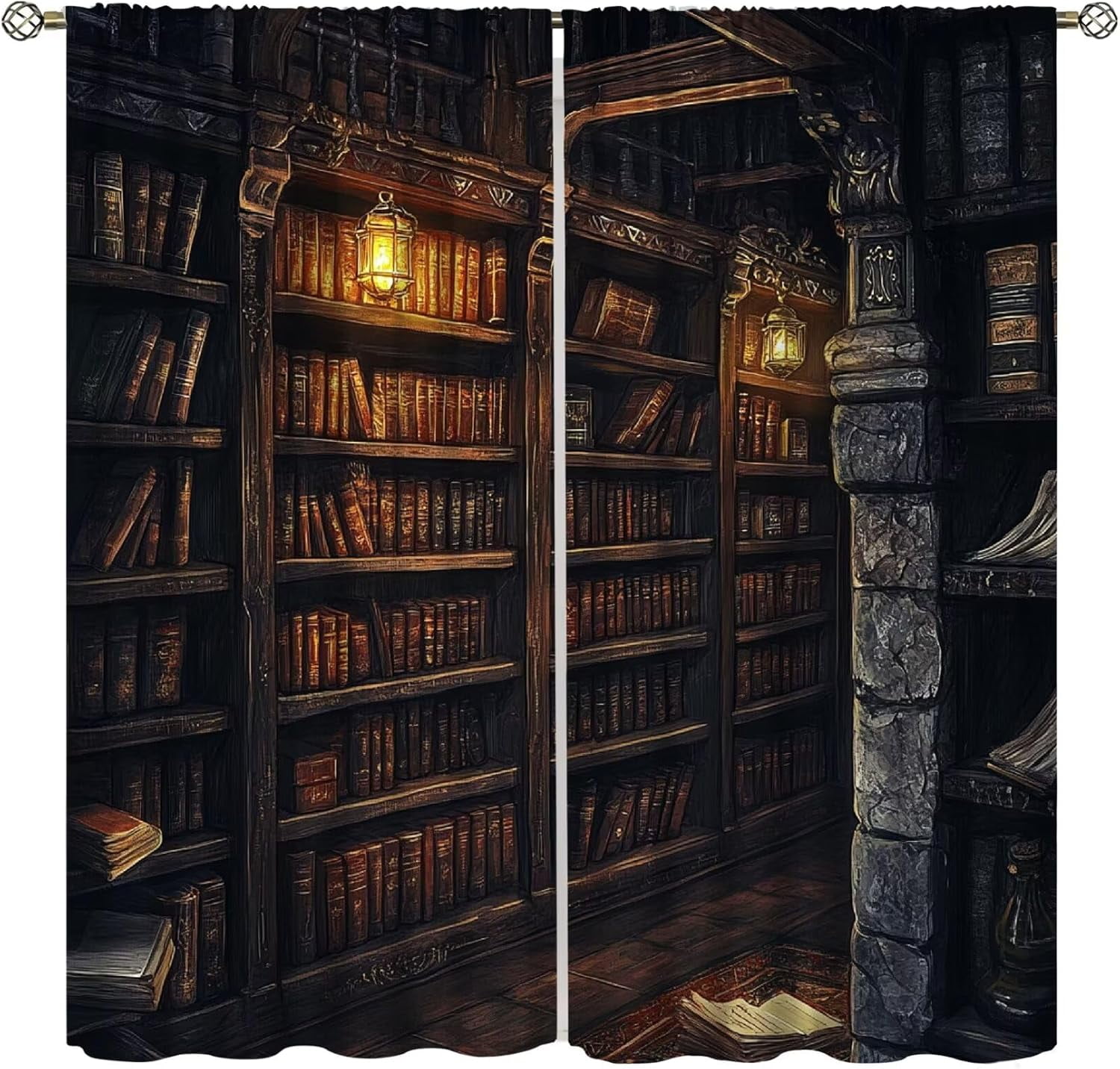 Retro Bookshelf Curtains Library Bookshelf Ladder Candle Decoration ...