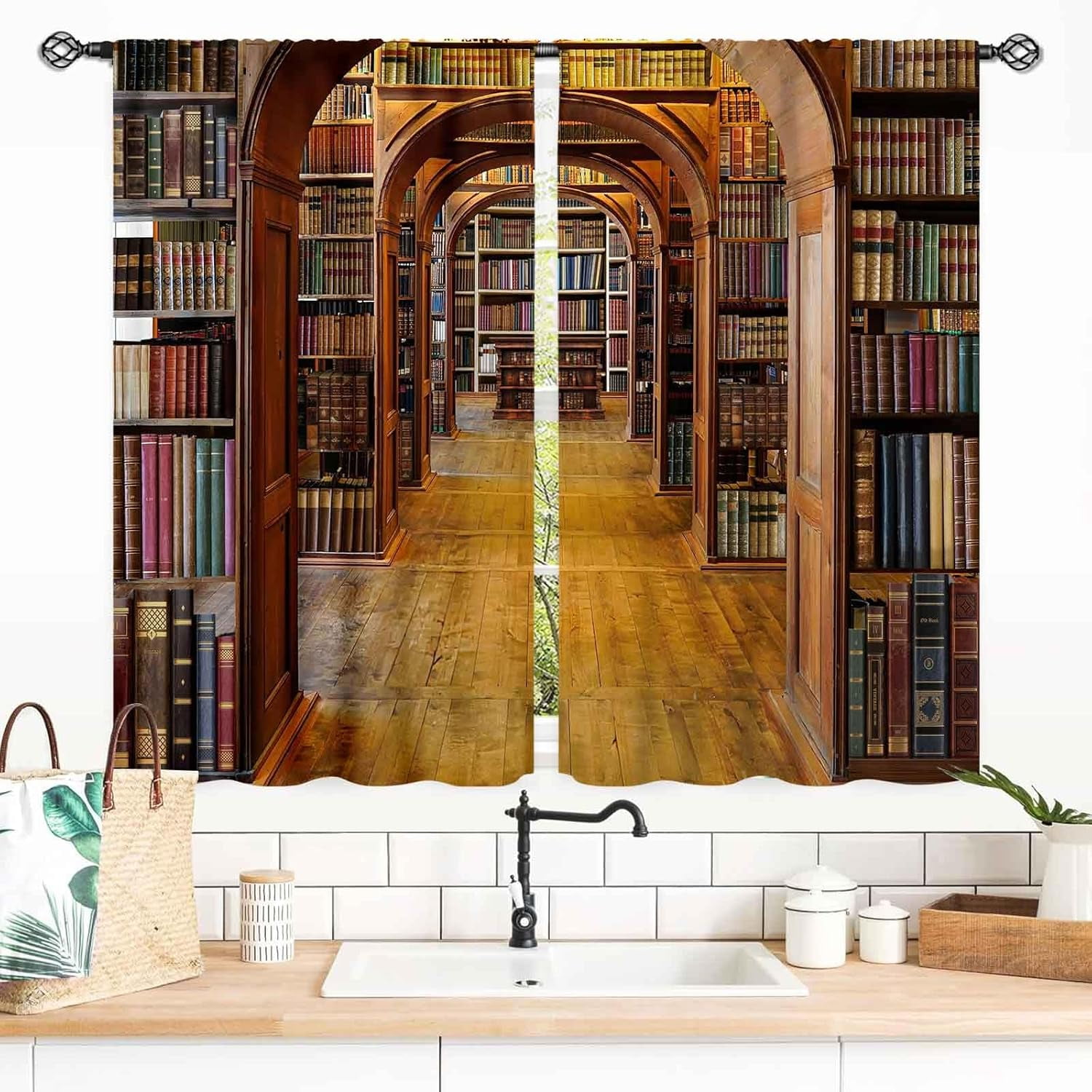 Retro Bookshelf Curtains, Vintage Library Old Books Antique Bookcase ...
