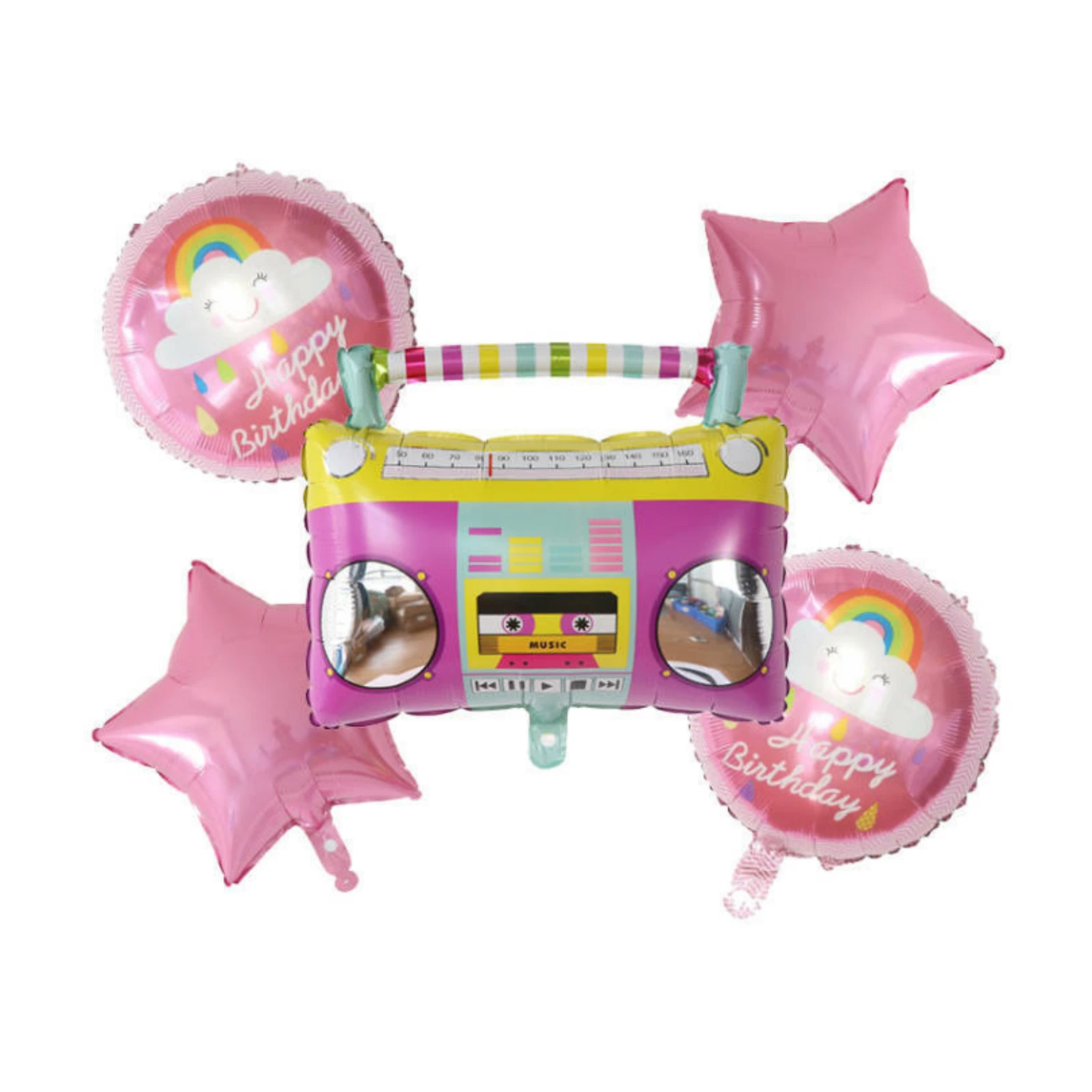 Retro Boombox And Rainbow Happy Birthday Balloon Set With Pink Stars ...