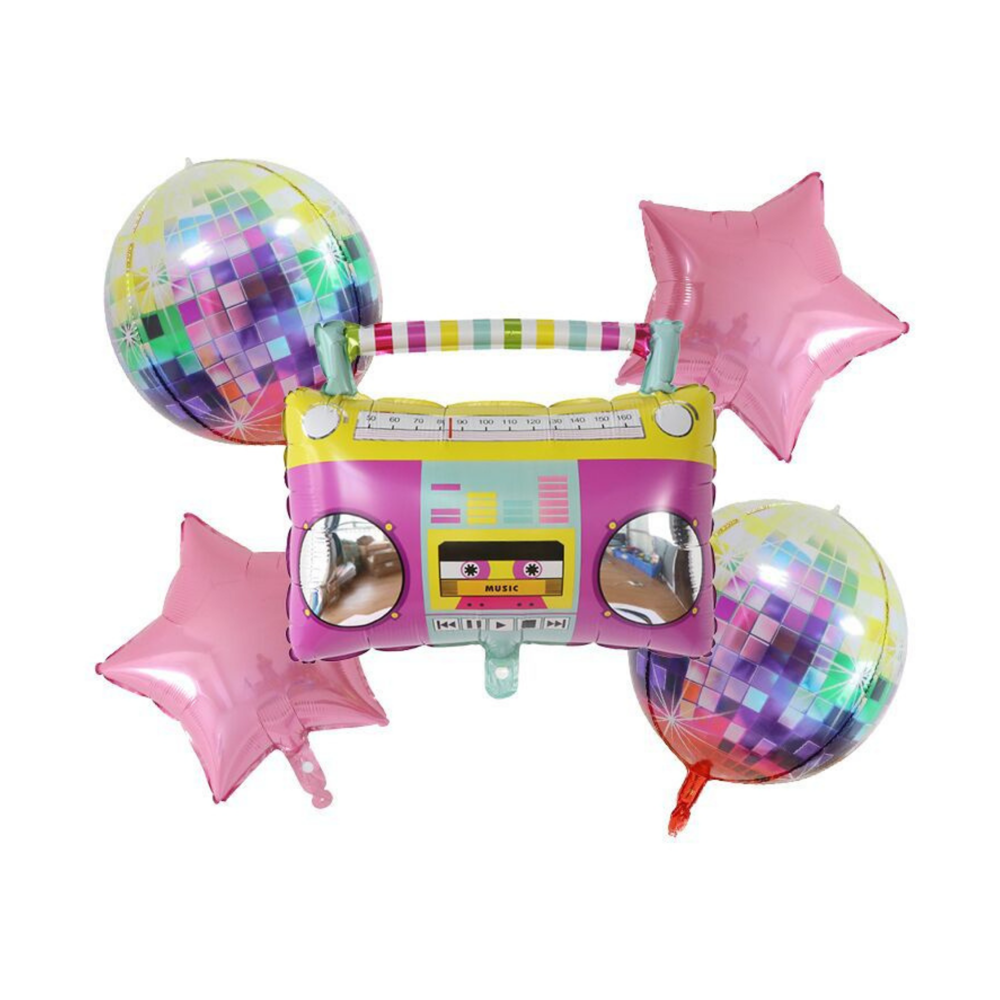 Retro Boombox Balloon Set with Disco Balls and Pink Star Mylar Balloons ...