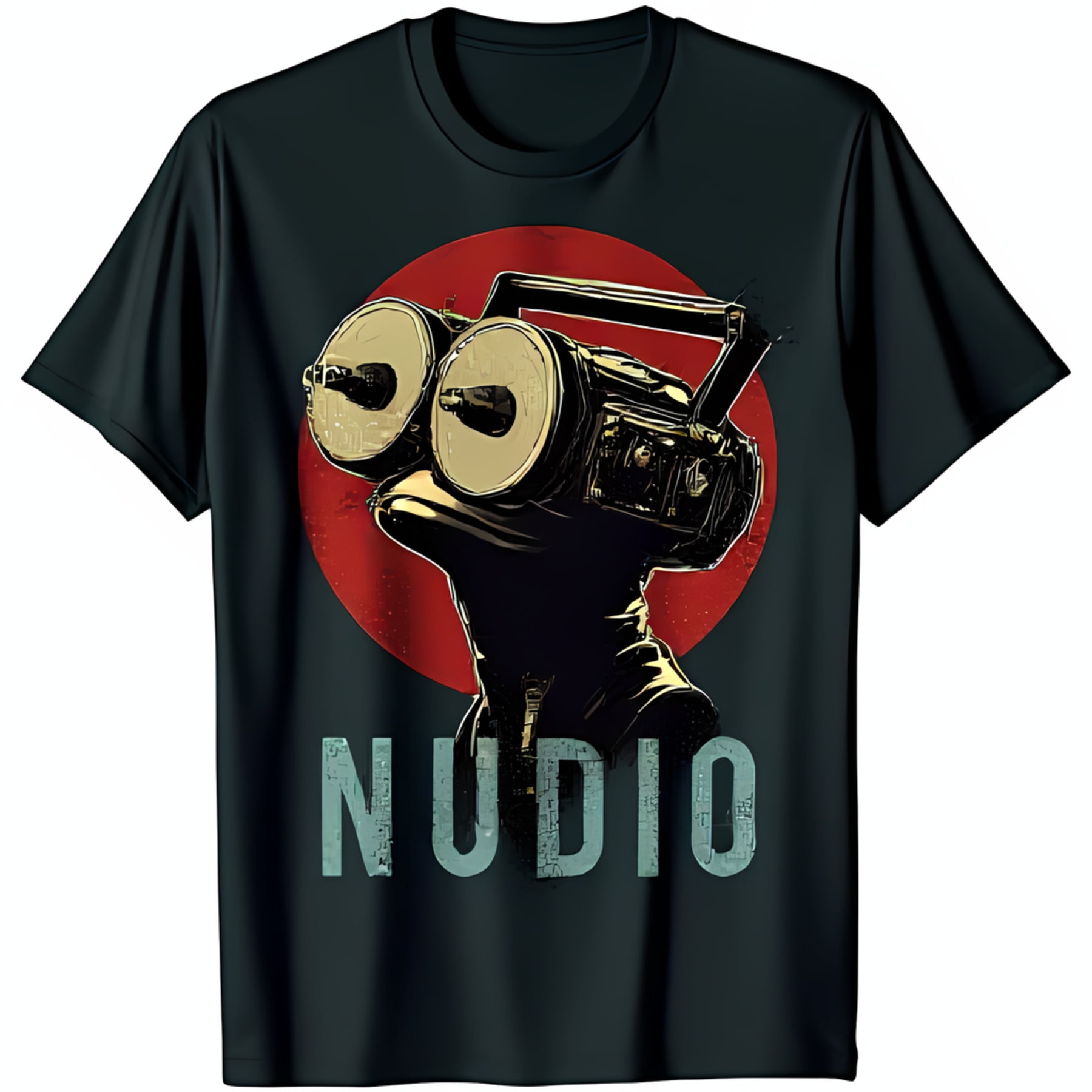 Retro Boombox Graphic Black T-Shirt with Cartoon Speakers & NUDIO Text ...