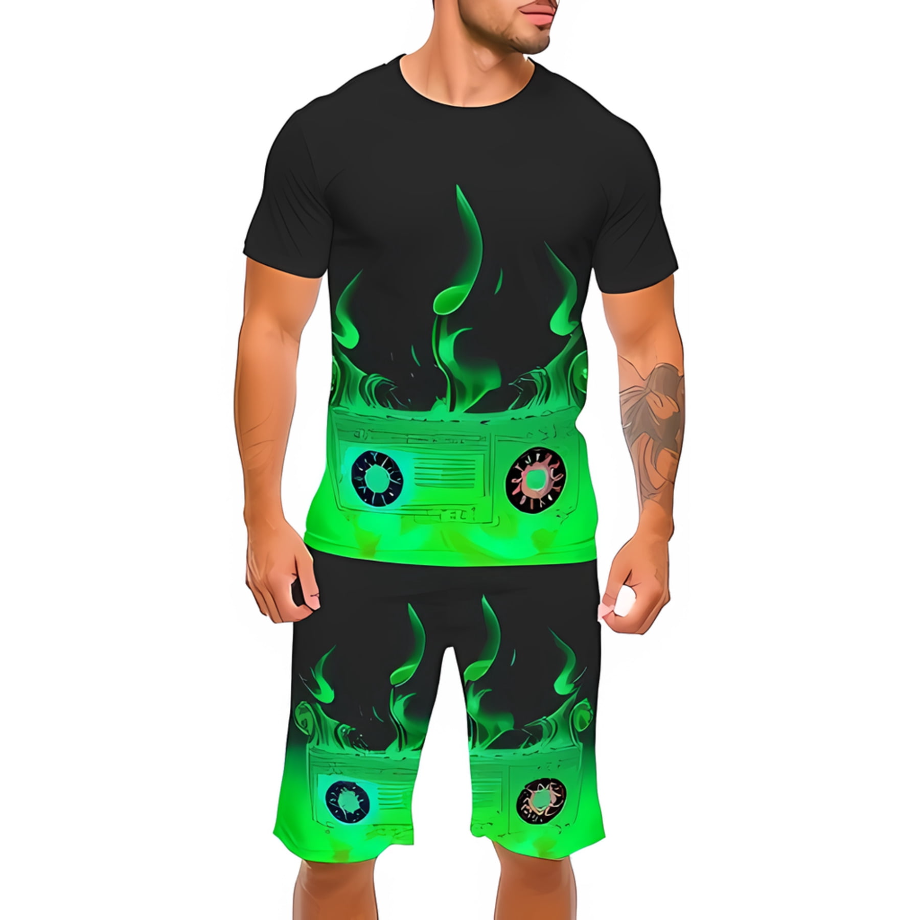 Retro Boombox Graphic T-Shirt and Shorts Set with Green Flames ...