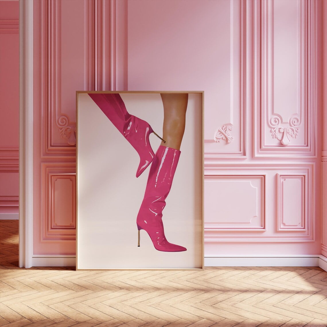 Retro Boots Newspaper Print, Trendy Wall Art Poster, Pink Boots Fashion ...