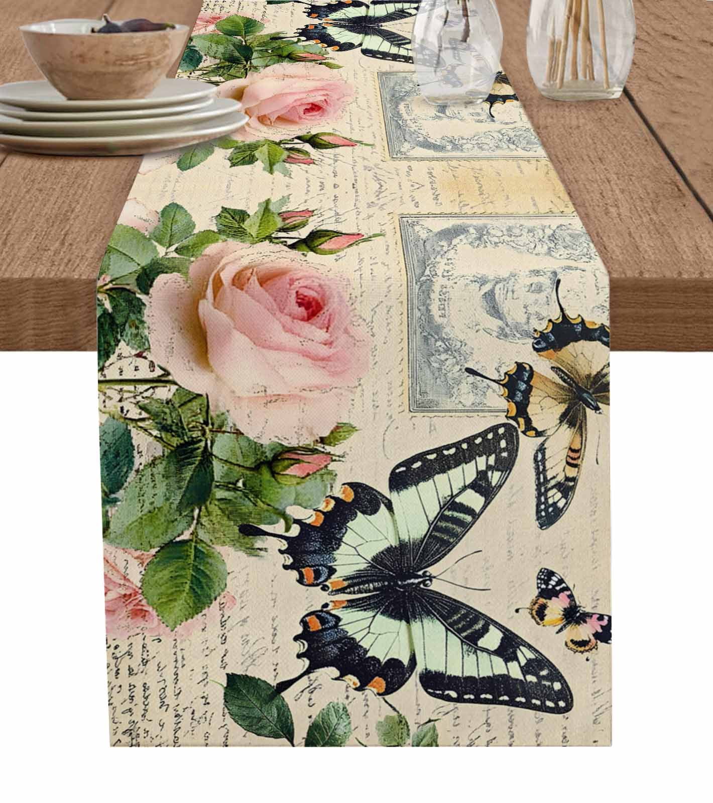 Retro Botanical Roses Table Runner 72 Inches, Spring Romantic Botanical ...