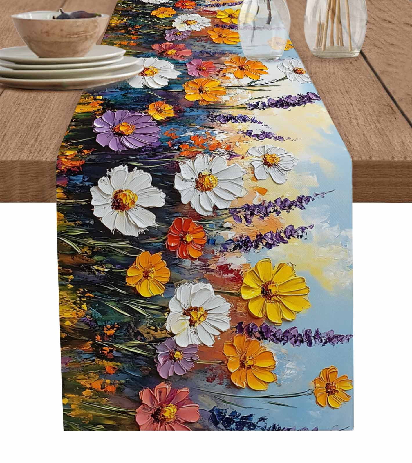 Retro Botanical Table Runner 72 Inches, Modern Oil Painting Floral ...
