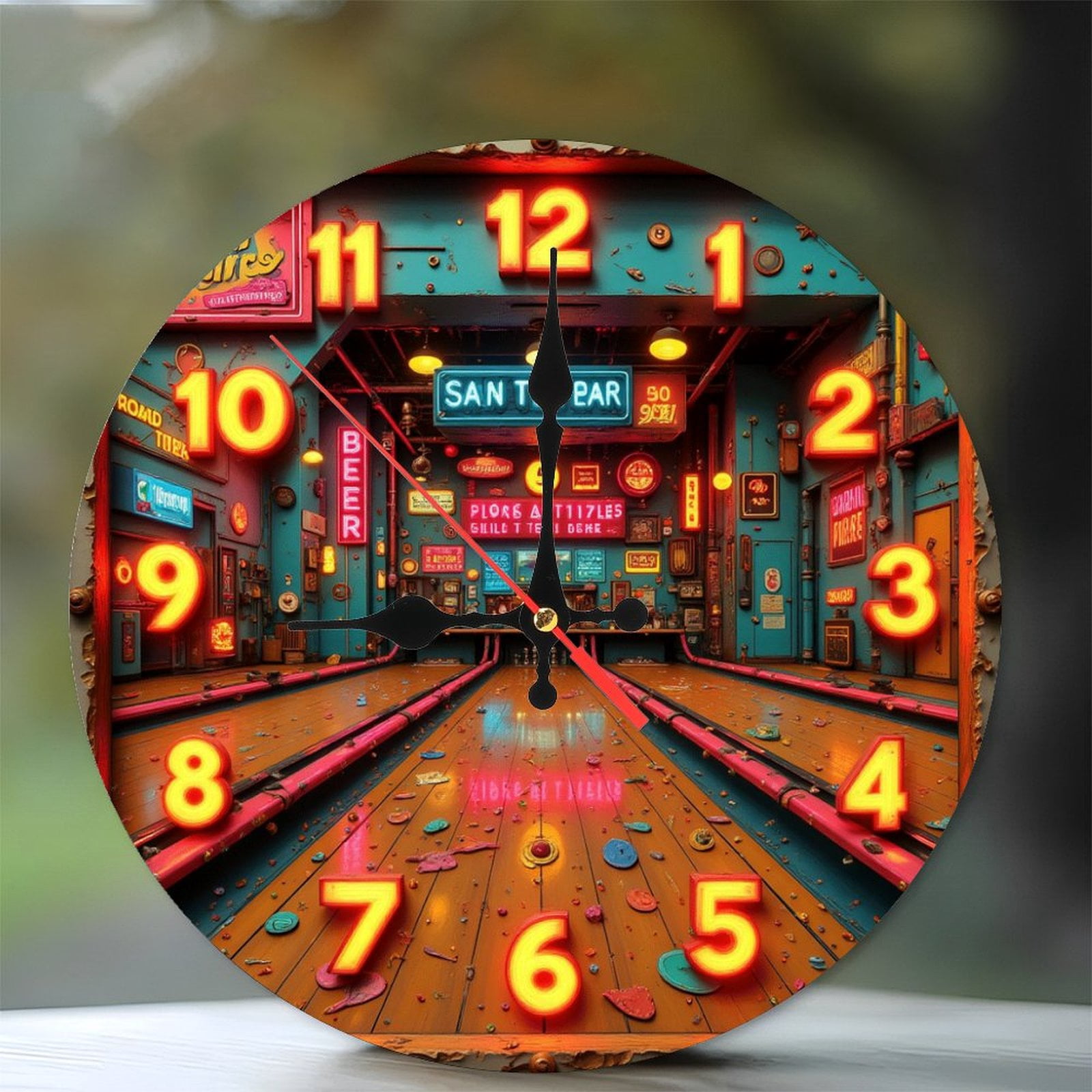 Retro Bowling Alley Neon Clock Wall Art 10-Inch Silent Wooden Wall ...