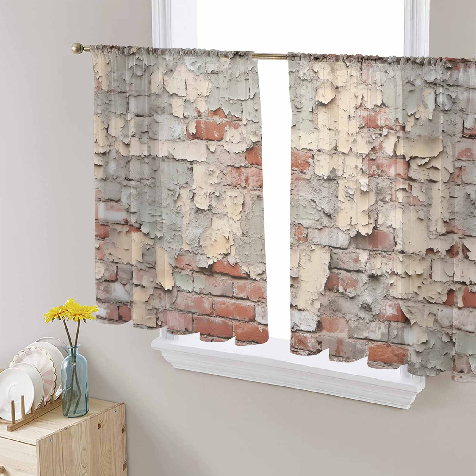 Retro Brick Wall Sheer Curtains 54 Inch Length 2 Panels Set for Living ...