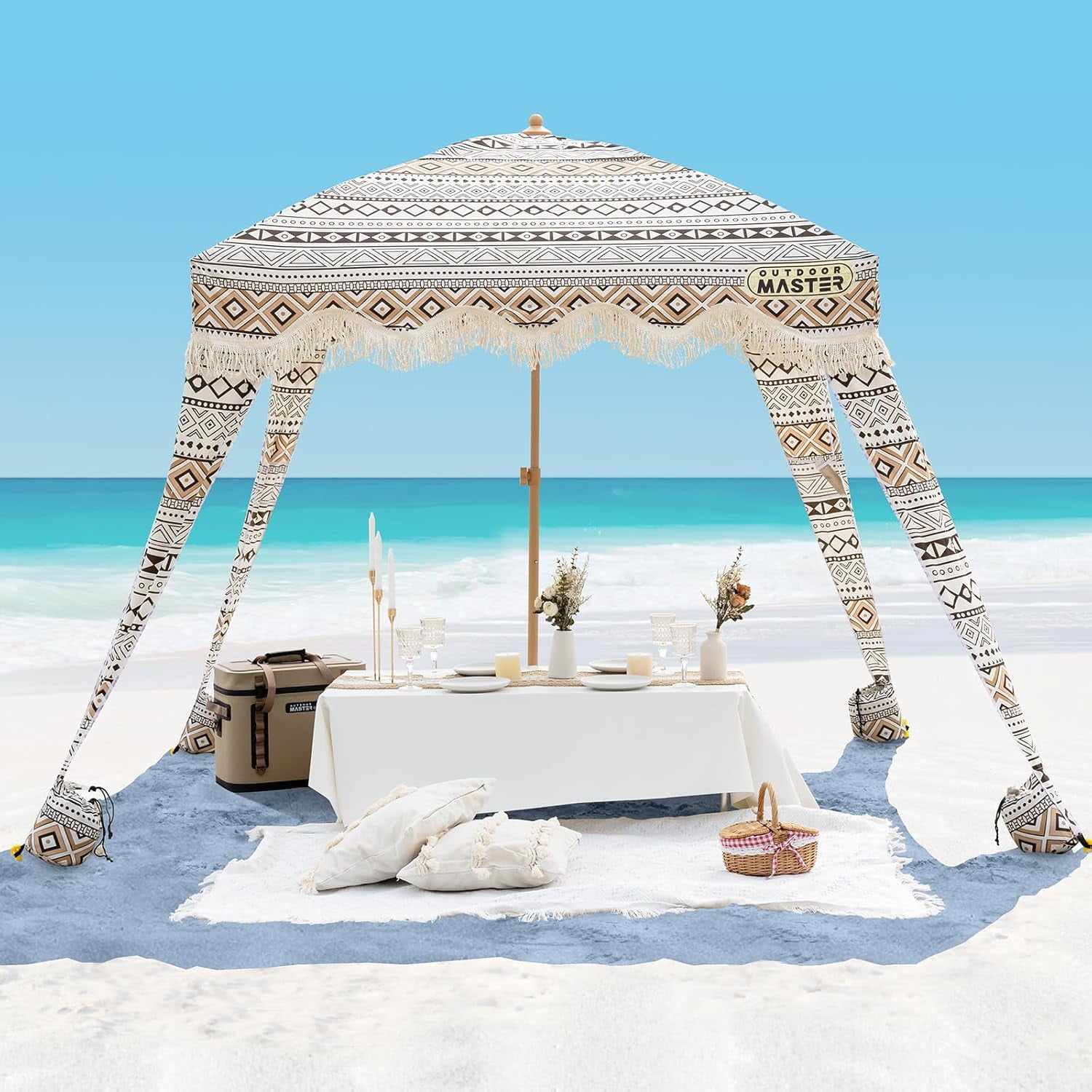 Retro Brown Beach Cabana with Fringe, Portable 6' X 6' Beach Canopy ...
