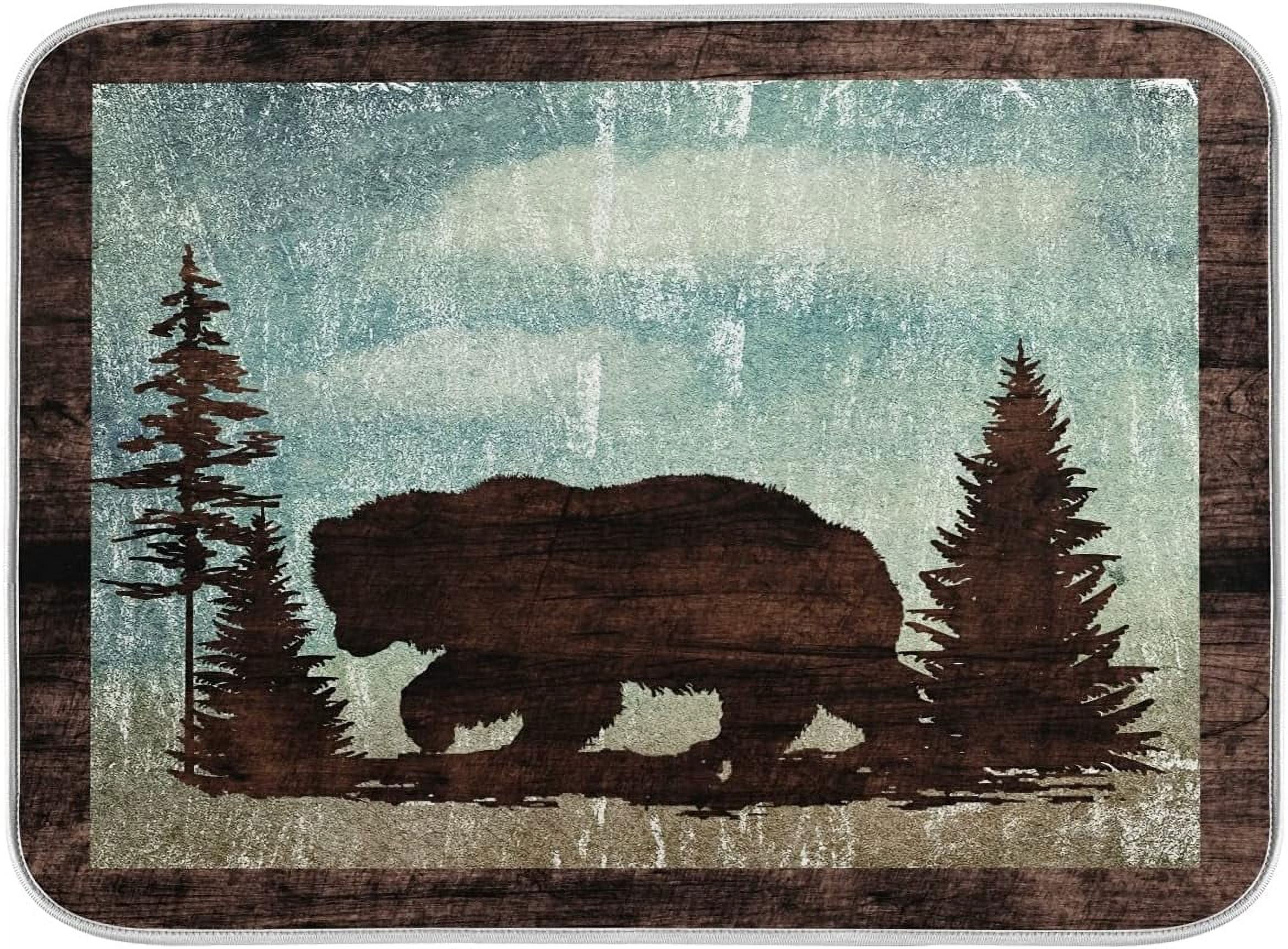Retro Brown Bear Forest Cabin Dish Drying Mat Countertop 16"x18" Fall ...