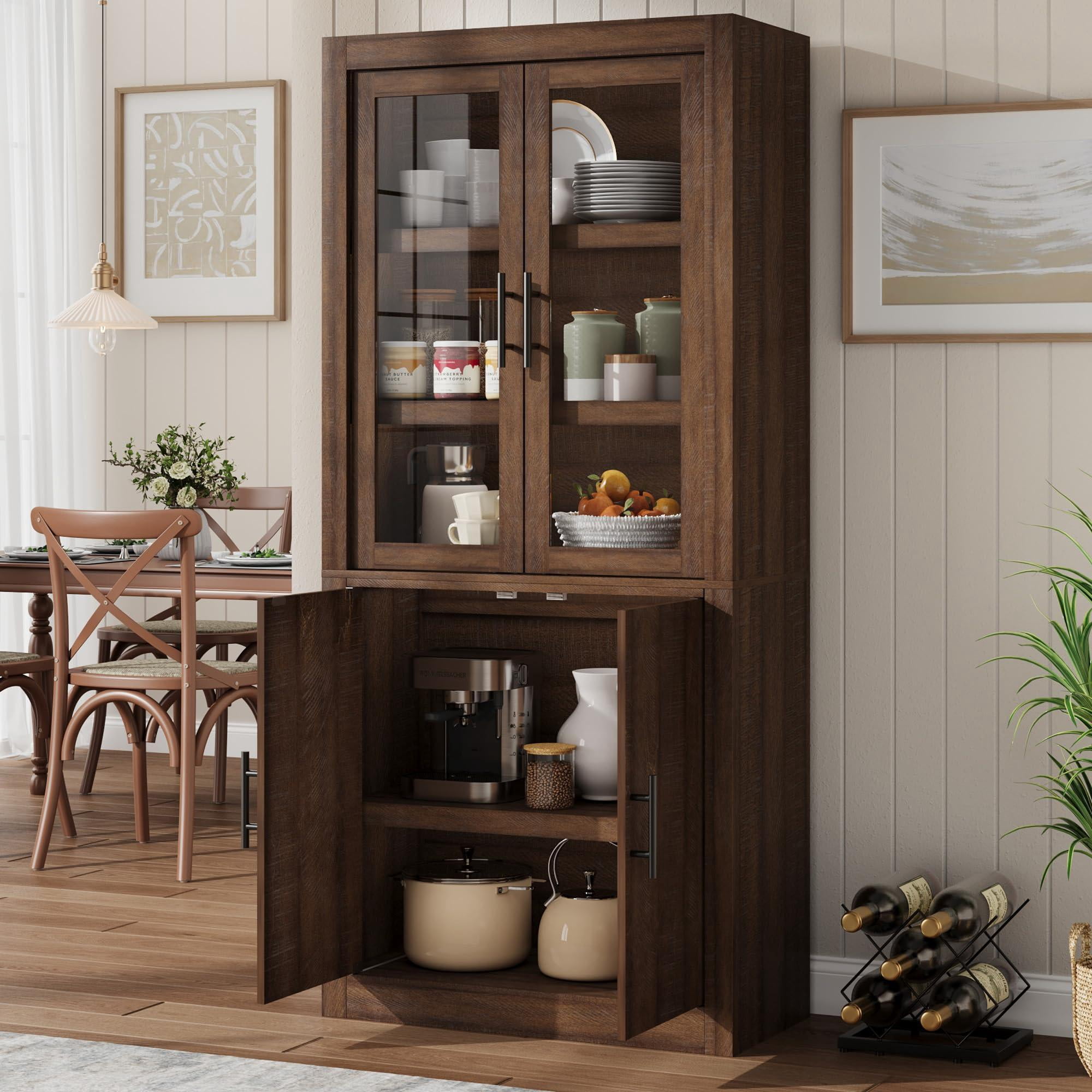 Retro Brown Freestanding Tall Kitchen Pantry Cabinet Glass Door ...