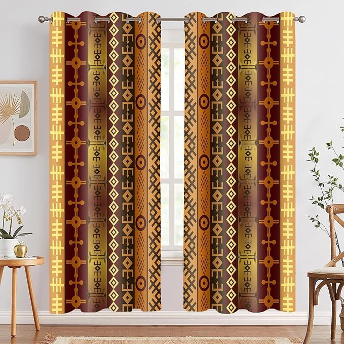 Retro Brown Geometric Striped Curtain Abstract African Tribal Script ...