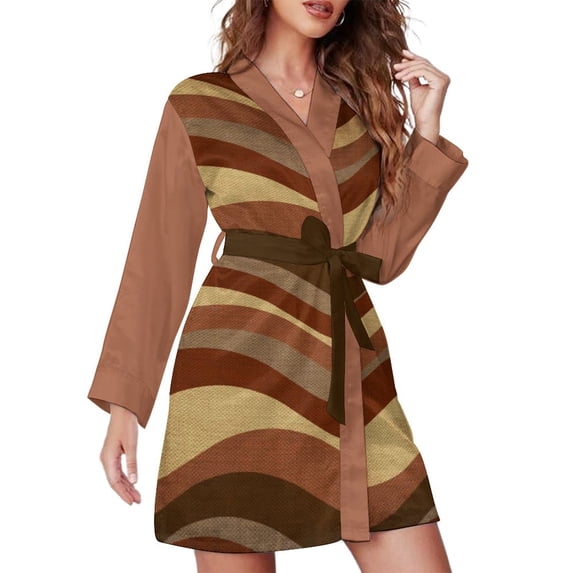 Retro, Brown Wavy Night Robe Long Sleeve V Neck Robe With Belt Women's ...