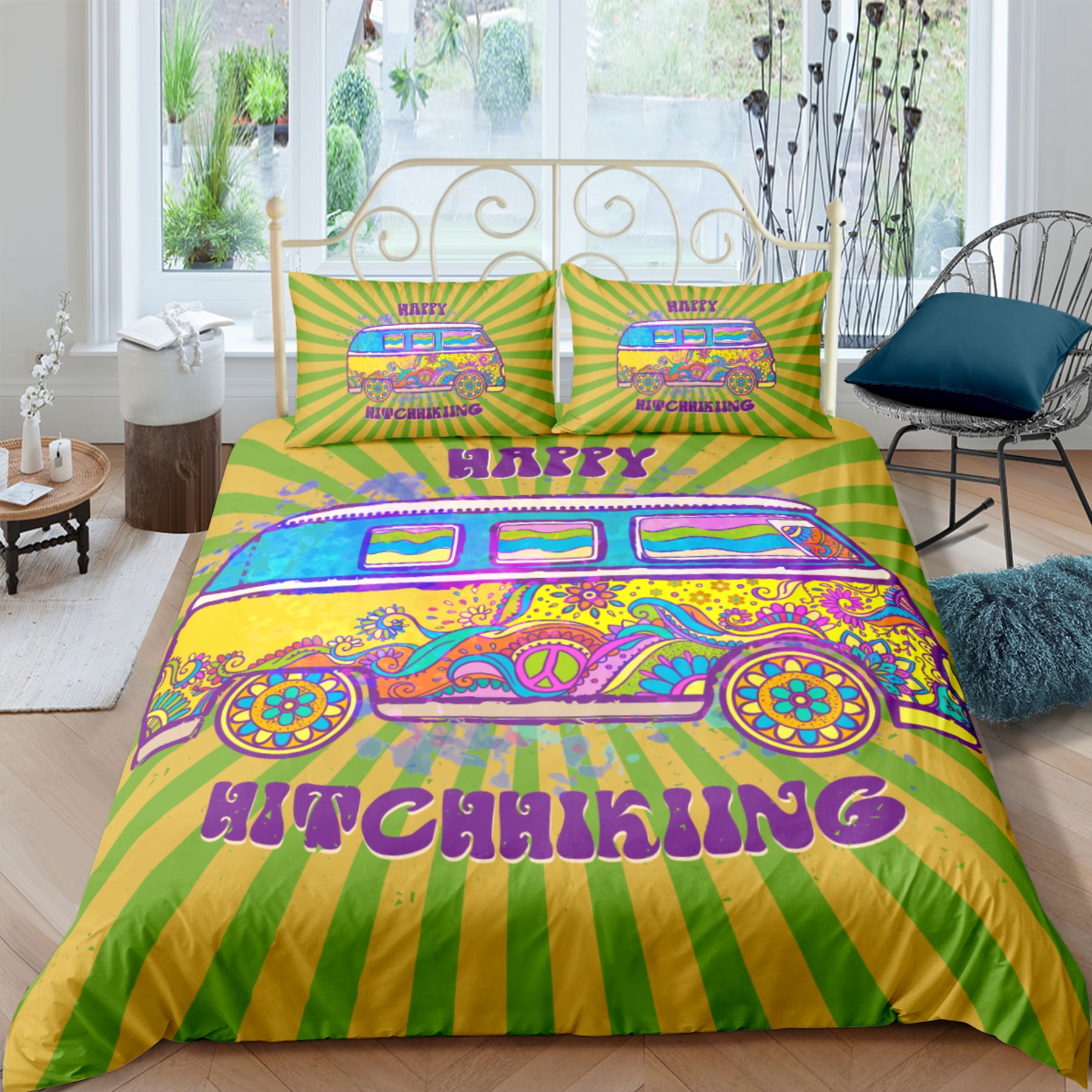 Retro Bus Bedspread Set Colorful Design with 'Happy Hitchhiking' Text ...