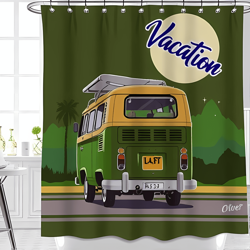 Retro Bus Shower Curtain - Scenic Travel Design with Moon & Trees ...