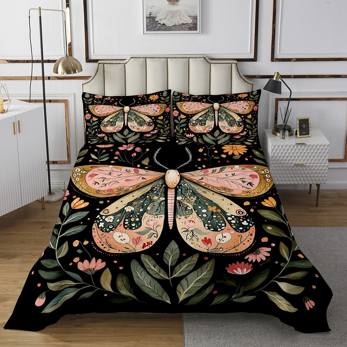 Retro Butterflies Queen Bedspread Set, Vintage Butterfly Flowers Cozy ...