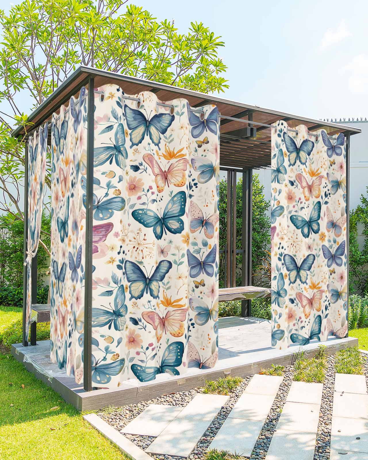 Retro Butterfly Outdoor Curtains for Patio, Watercolor Flower Leave ...