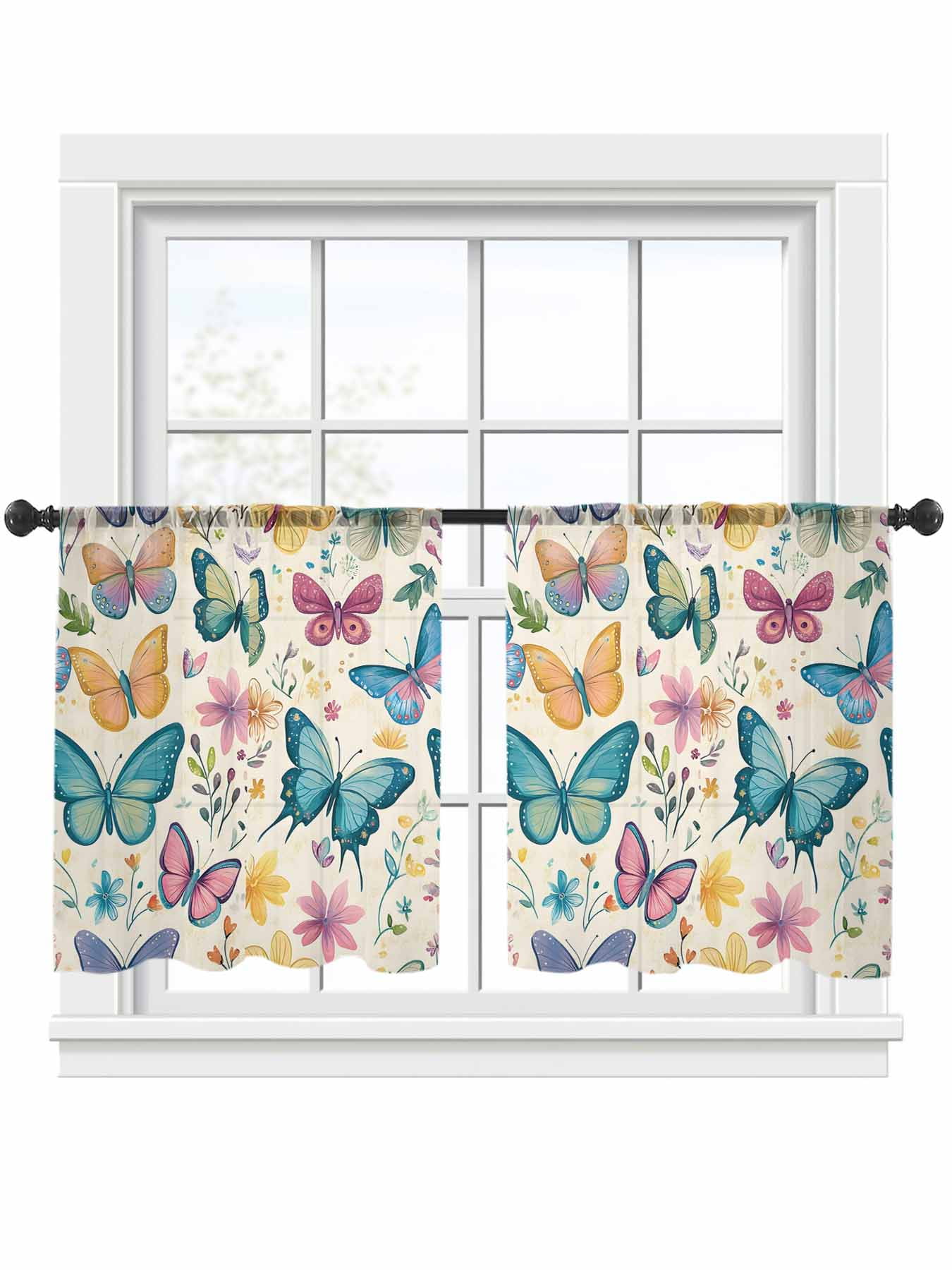 Retro Butterfly Sheer Curtains 54 Inch Long 2 Panels, Watercolor Flower ...