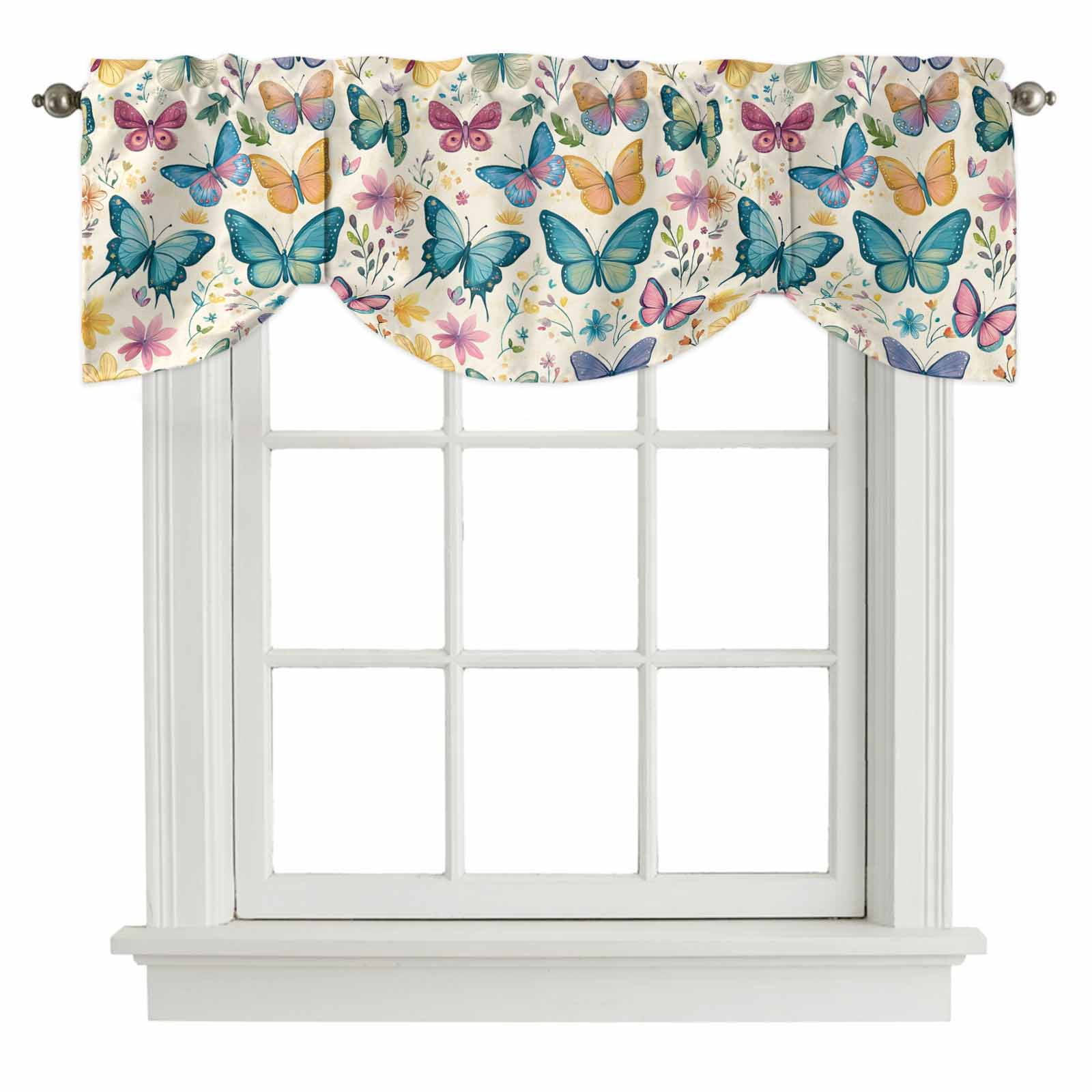 Retro Butterfly Tie Up Valance for Windows, Watercolor Flower Leaves ...