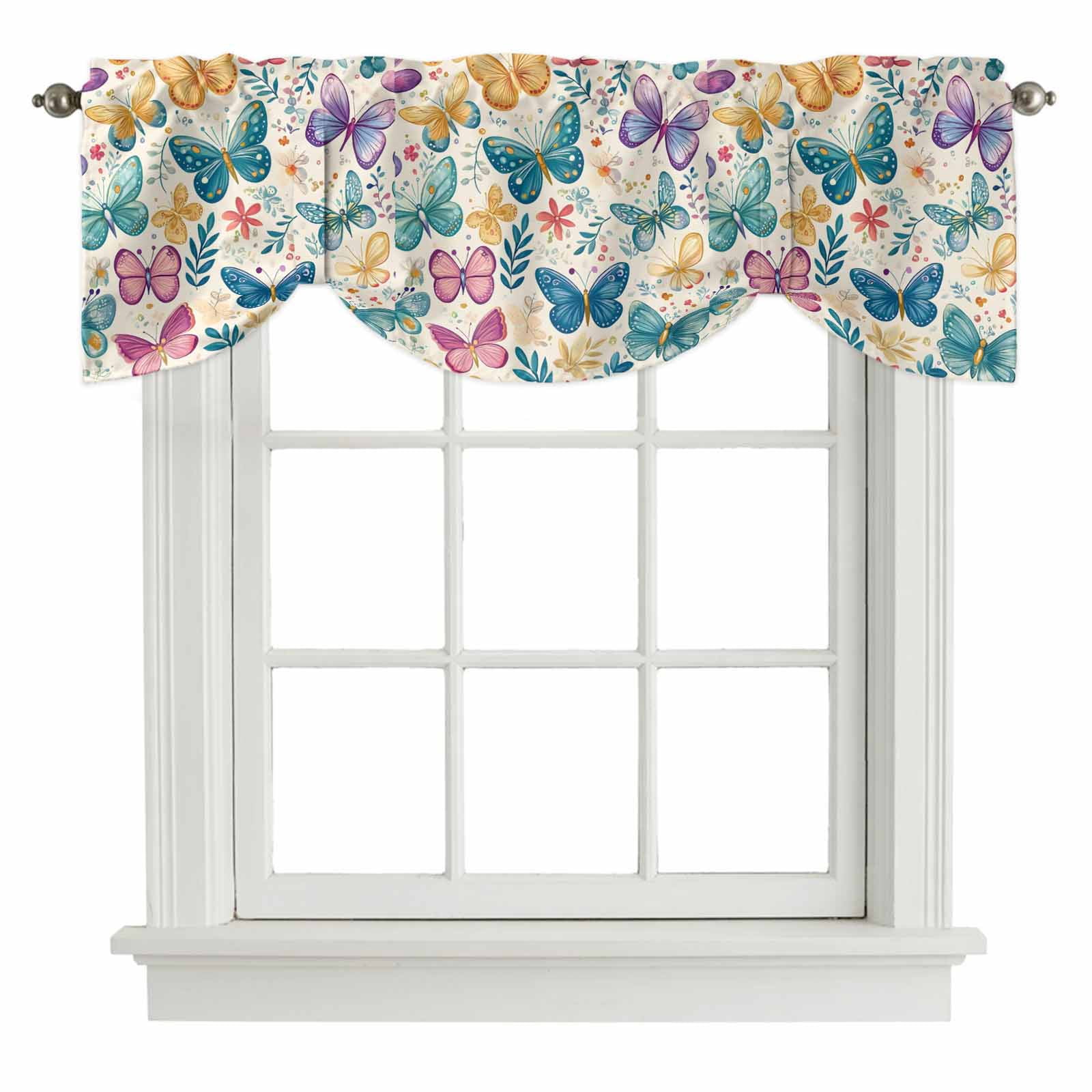 Retro Butterfly Tie Up Valance for Windows, Watercolor Flowers Leaves ...