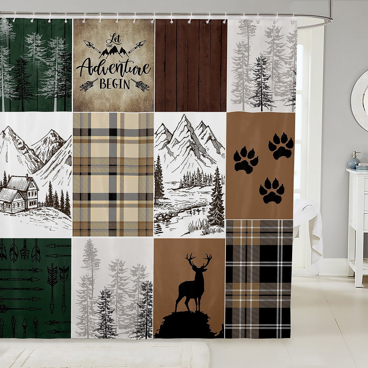 Retro Cabin Bath Curtain Checkered Plaid Patchwork Shower Curtain Sets ...