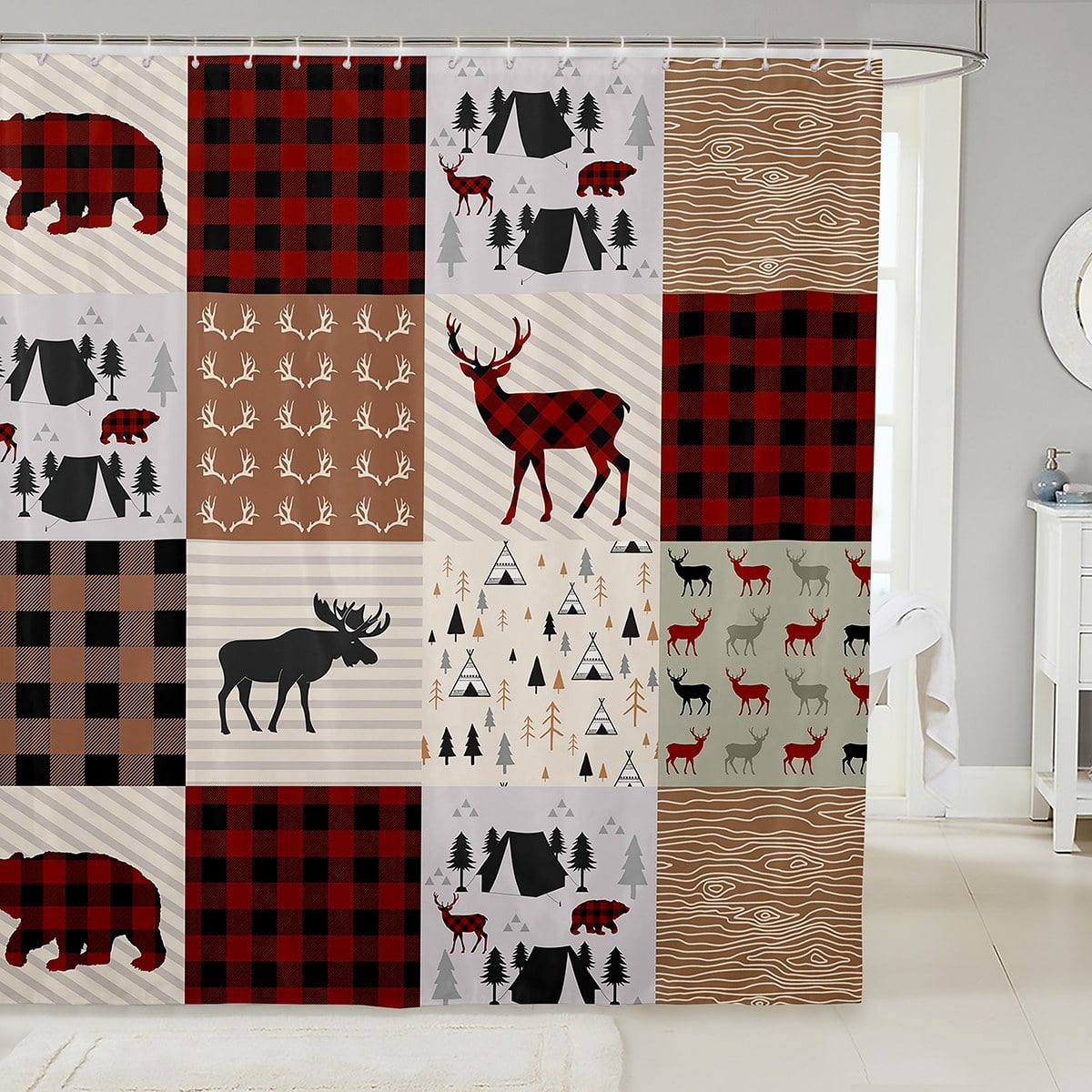 Retro Cabin Bath Curtain Rustic Lodge Patchwork Hunting Bear Deer ...