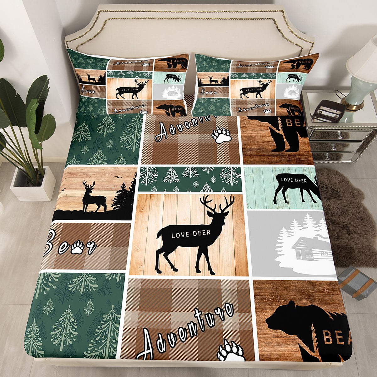 Retro Cabin Bed Sheets, Pine Tree Buffalo Plaid Fitted Sheet Bear Deer ...
