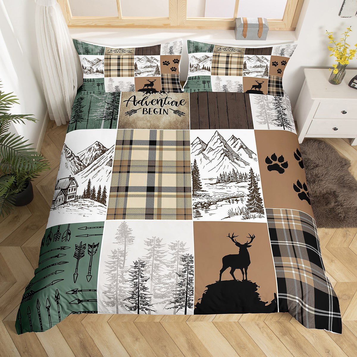 Retro Cabin Bedding Set Checkered Plaid Patchwork Duvet Cover Queen ...