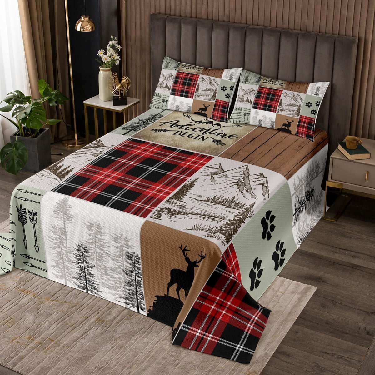 Retro Cabin Bedspread Set Checkered Plaid Patchwork Quilt Set Teens ...
