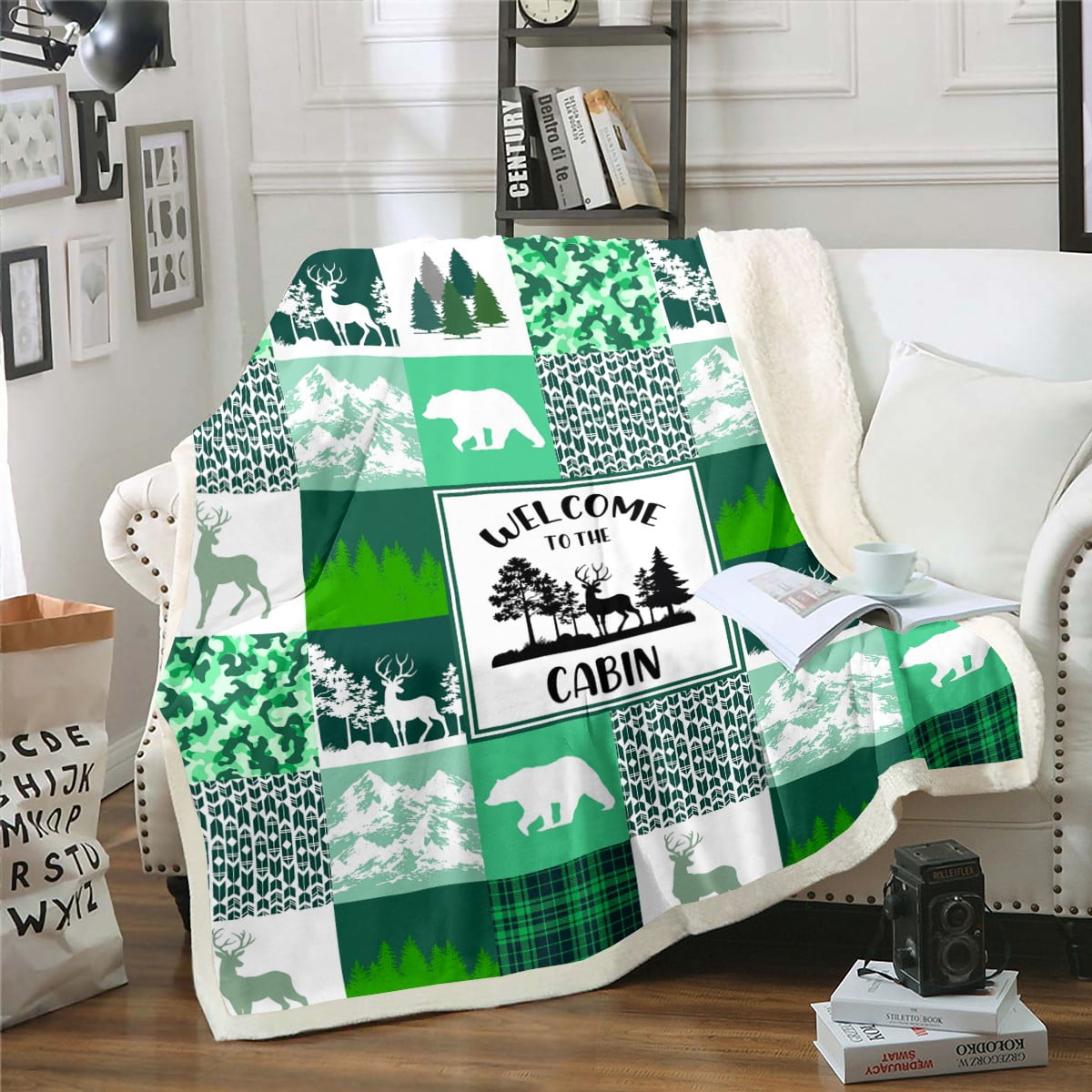 Retro Cabin Blanket 90"x90" Wildlife Bear Elk Deer Hunting Throw ...