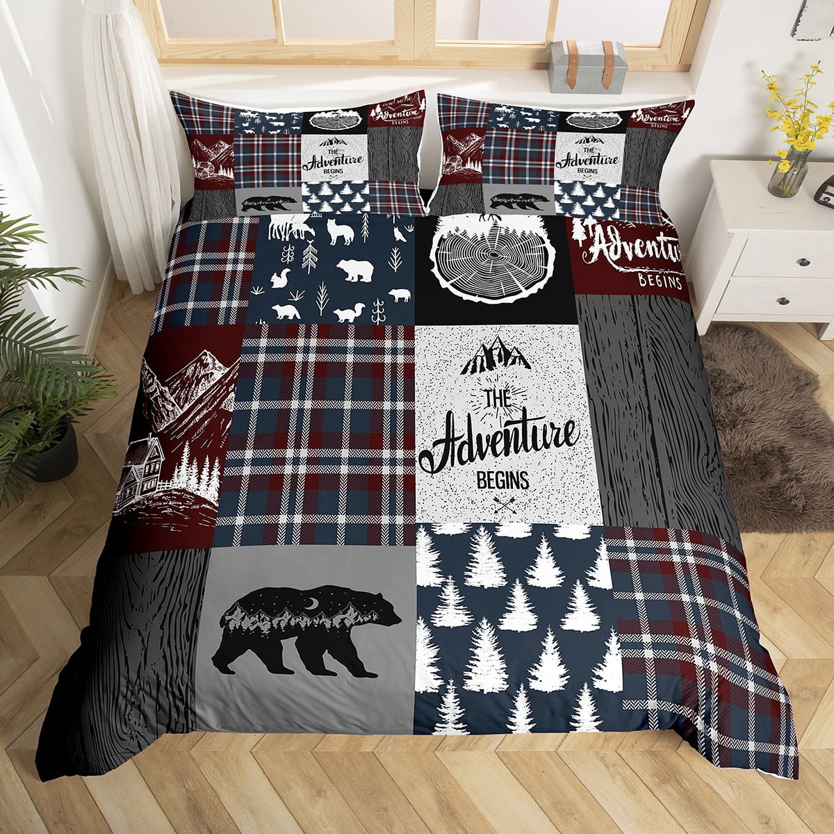 Retro Cabin Comforter Cover For Kids, Rustic Adventure Bear Deer Moose ...