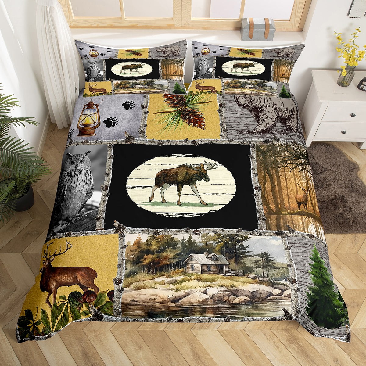Retro Cabin Comforter Cover Rustic Bear Deer Bedding Set Hunting Wildlife Wild Animal Duvet ...
