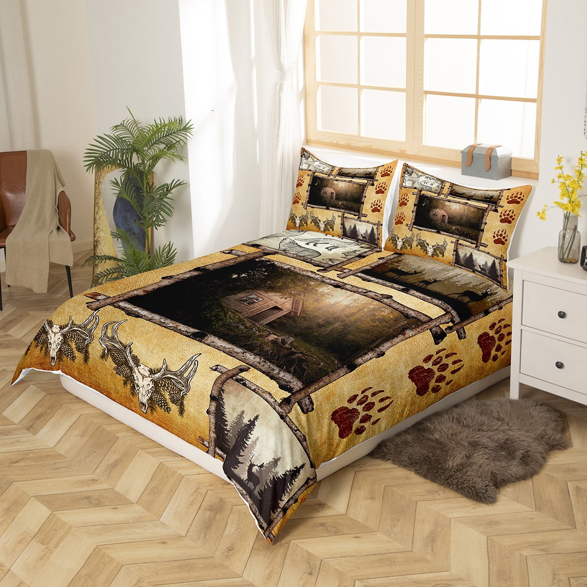 Retro Cabin Comforter Cover Rustic Deer Bedding Set Hunting Wildlife ...
