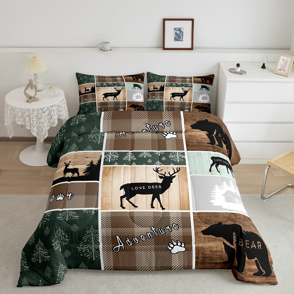 Retro Cabin Comforter Set 2Pcs, Pine Tree Buffalo Plaid Quilt Bear Deer ...