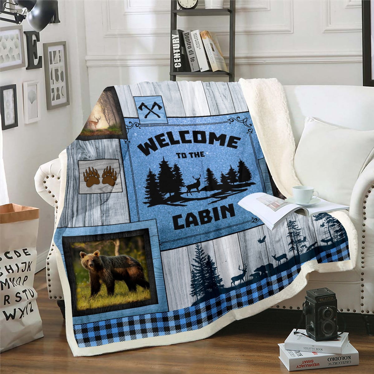 Retro Cabin Fleece Blanket Rustic Bear Deer Throw Blanket Hunting ...