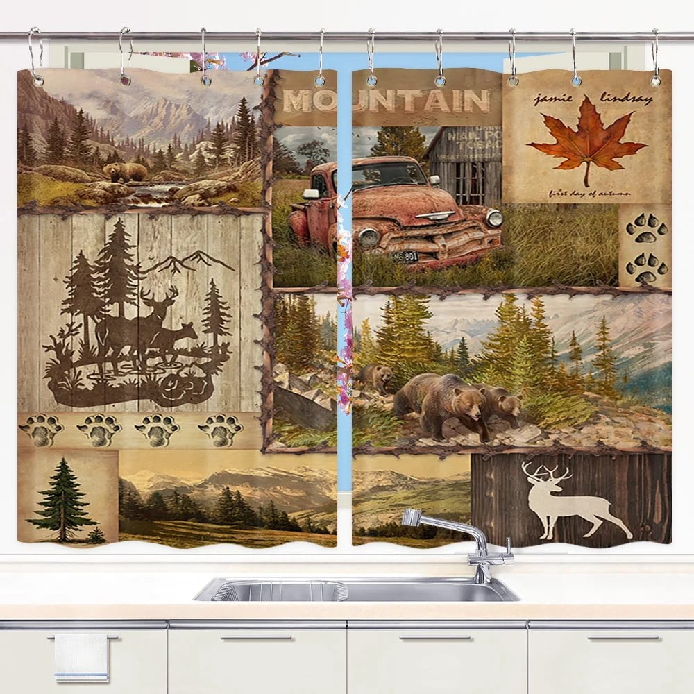 Retro Cabin Kitchen Curtains Rustic Deer Bear Forest Decor Window ...