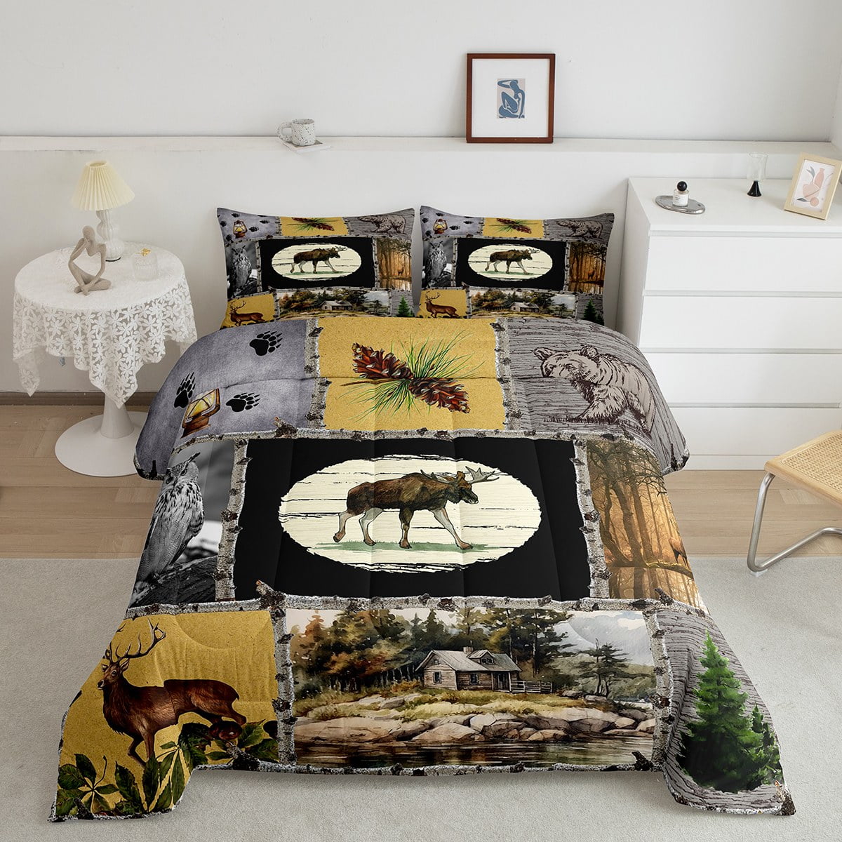 Retro Cabin Quilt Rustic Bear Deer Bedding Set Hunting Wildlife Wild Animal Comforter Set Lodge ...
