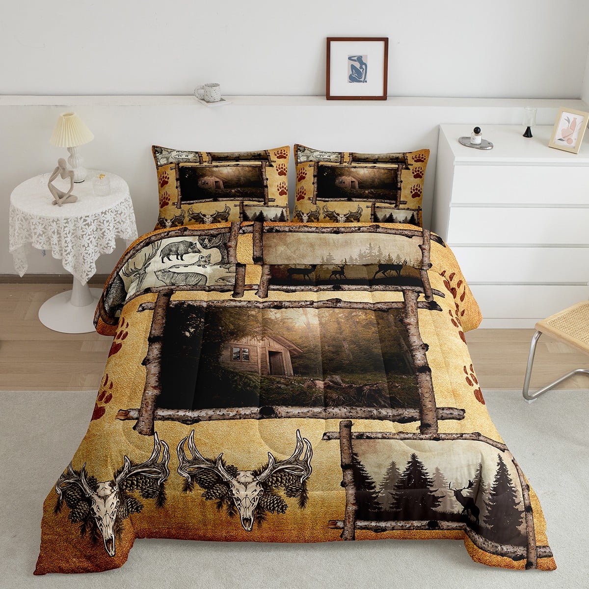 Retro Cabin Quilt Rustic Deer Bedding Set Hunting Wildlife Wild Animal ...